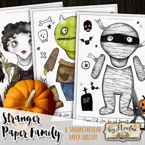 STRANGER PAPER FAMILY Halloween Paper Dolls Hand Drawn Watercolor Scary ...