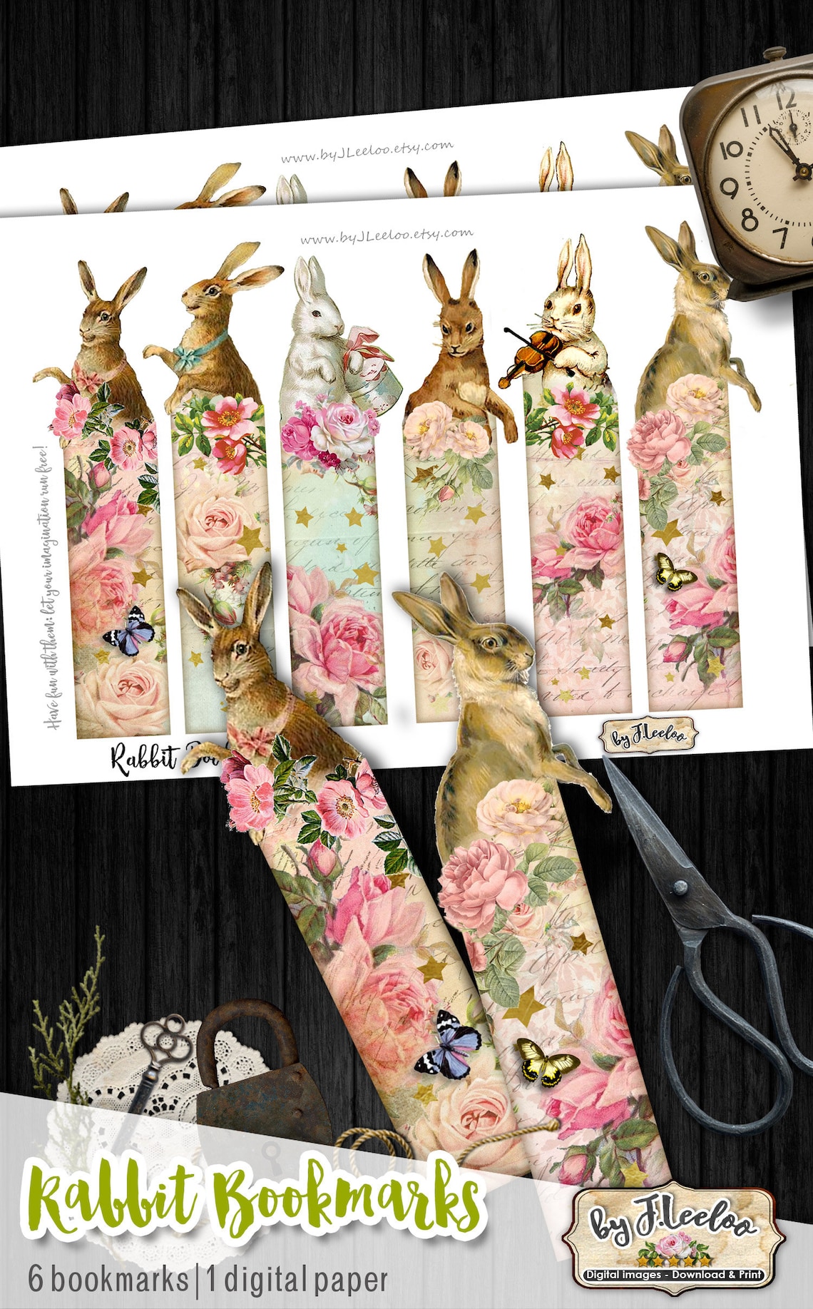 RABBIT BOOKMARK Printable Bunnies Vintage Images Instant Download ...