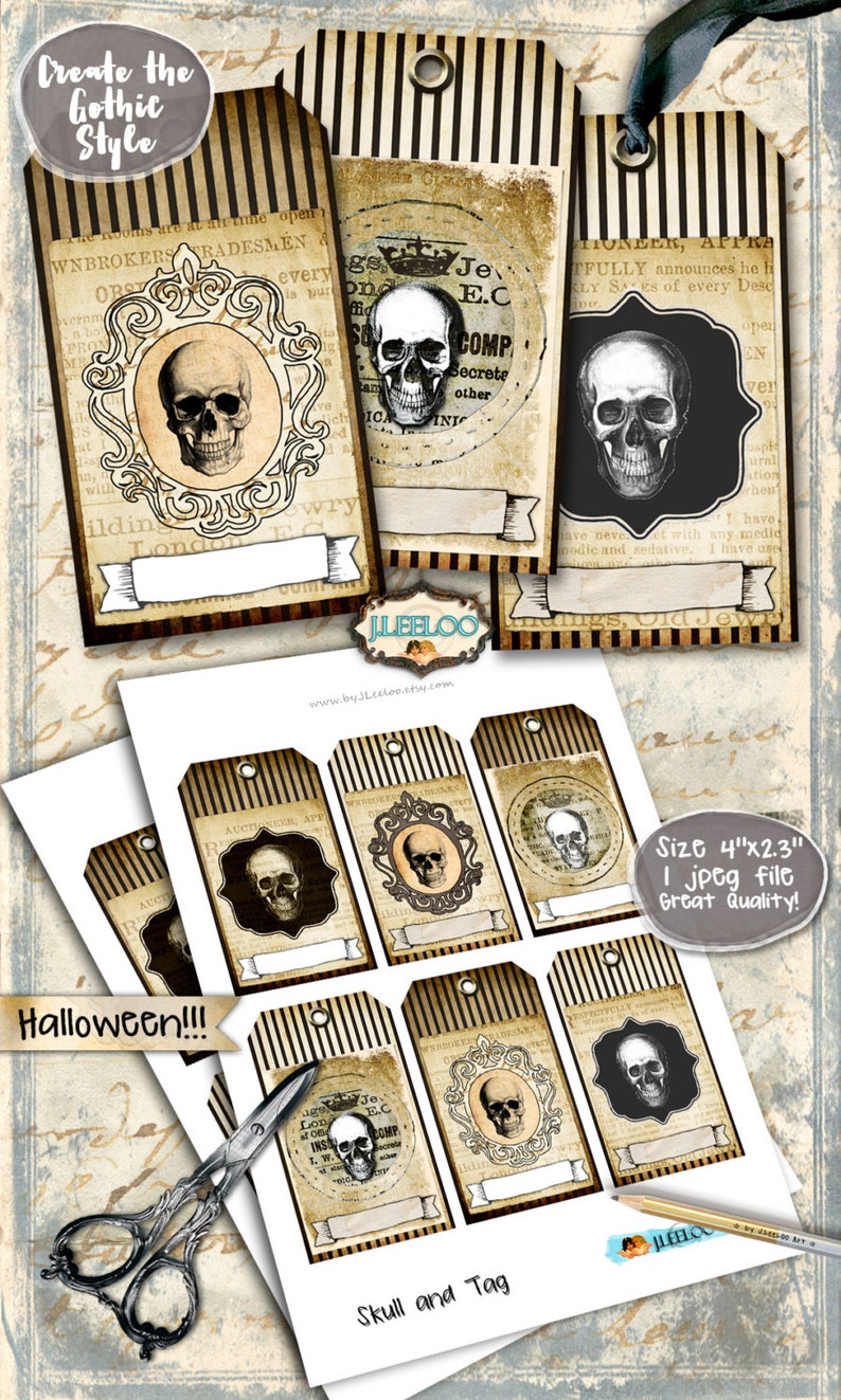 SKULL AND TAG Label Tags Jewelry Holder Gothic Halloween for Craft Art ...