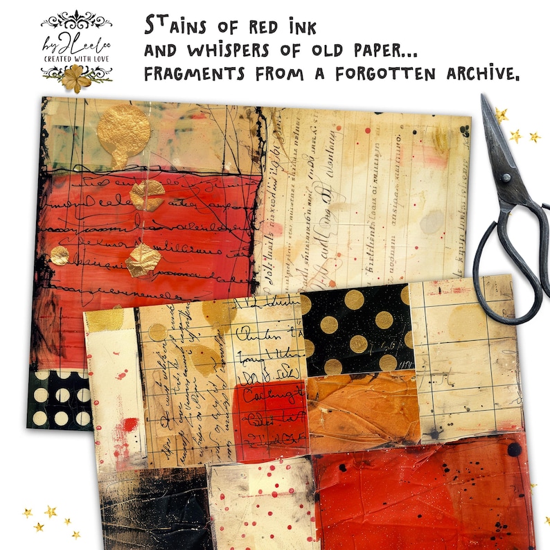 RED INK ARCHIVE – 24 Vintage Abstract Collage Papers in 3 Sizes | Red ...