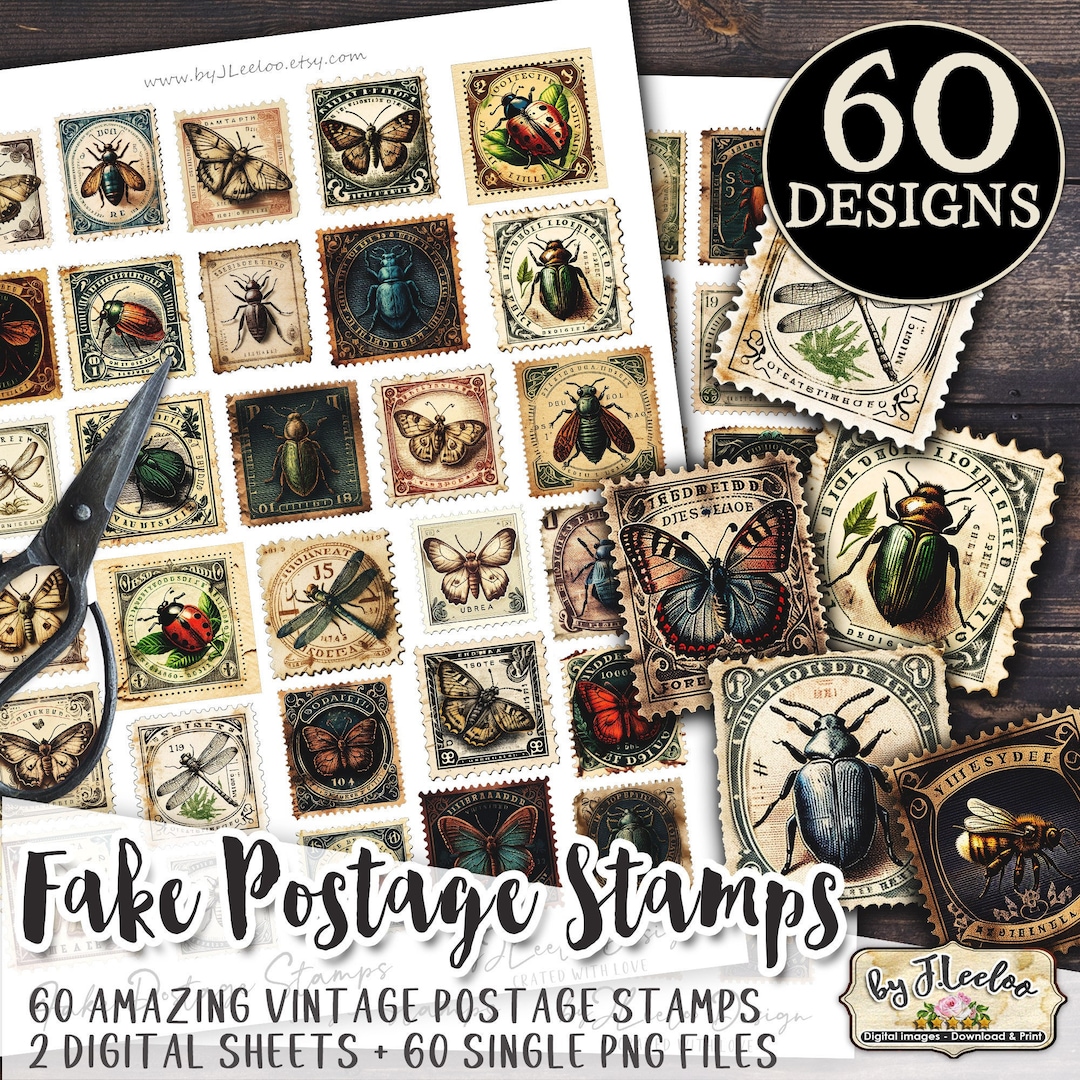 FAKE POSTAGE STAMPS Entomology Supplies Png Printable Vintage Ephemera ...