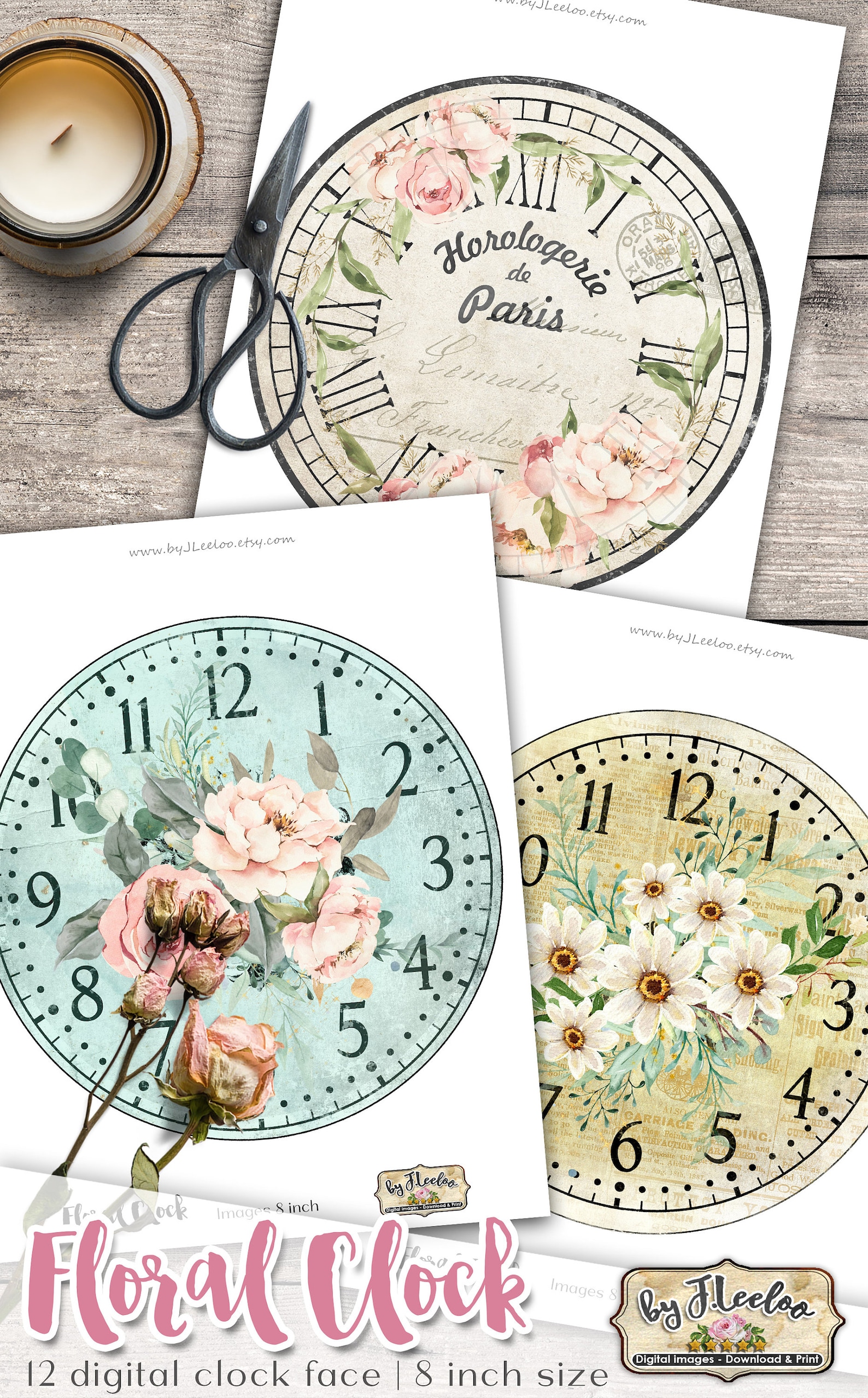FLORAL CLOCK 8 Inch Circle Printable Clock Face Jpeg Clipart Vintage ...
