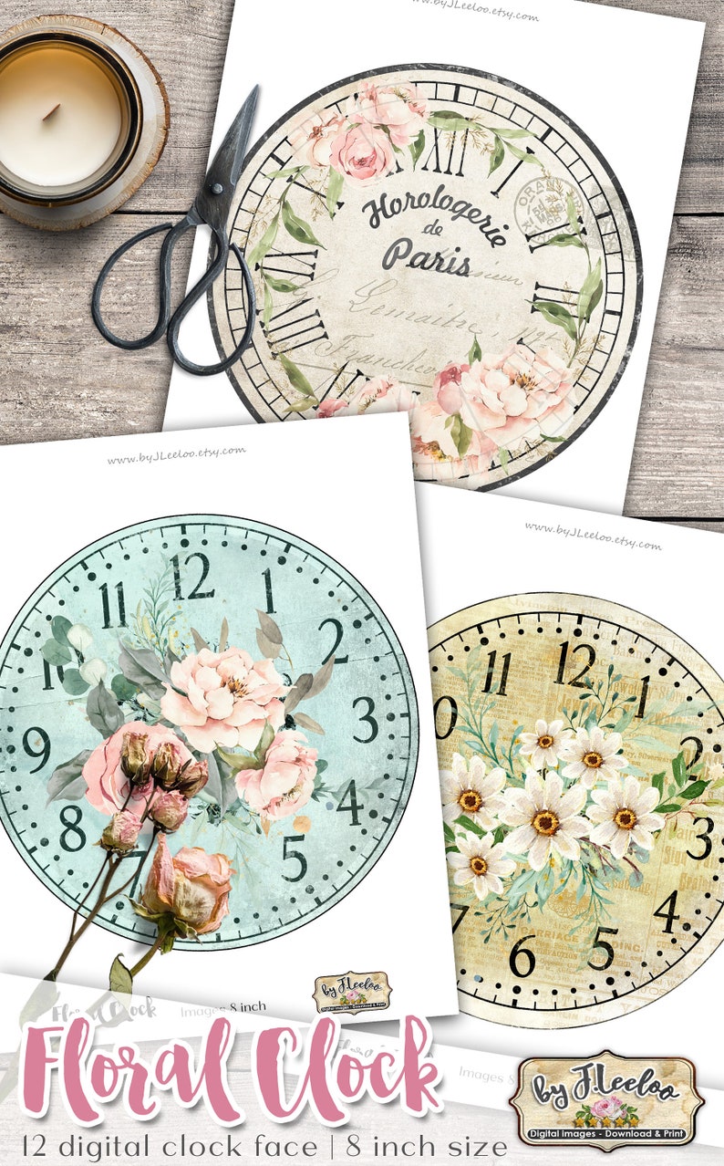 FLORAL CLOCK 8 Inch Circle Printable Clock Face Jpeg Clipart - Etsy