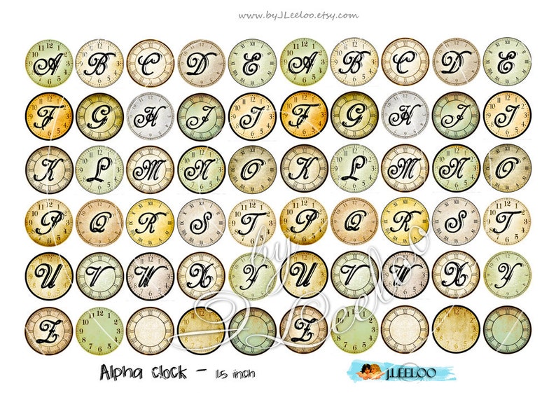 ALPHA CLOCK 1 Inch Circle Digital Collage Sheet for Pendant Magnet and ...