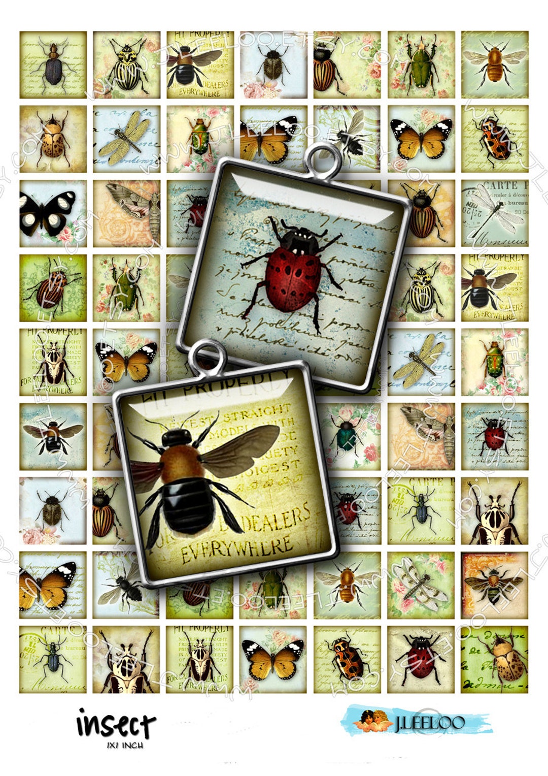 Digital Paper INSECT 1x1 Inch Square Butterfly Ladybug Coleoptera ...
