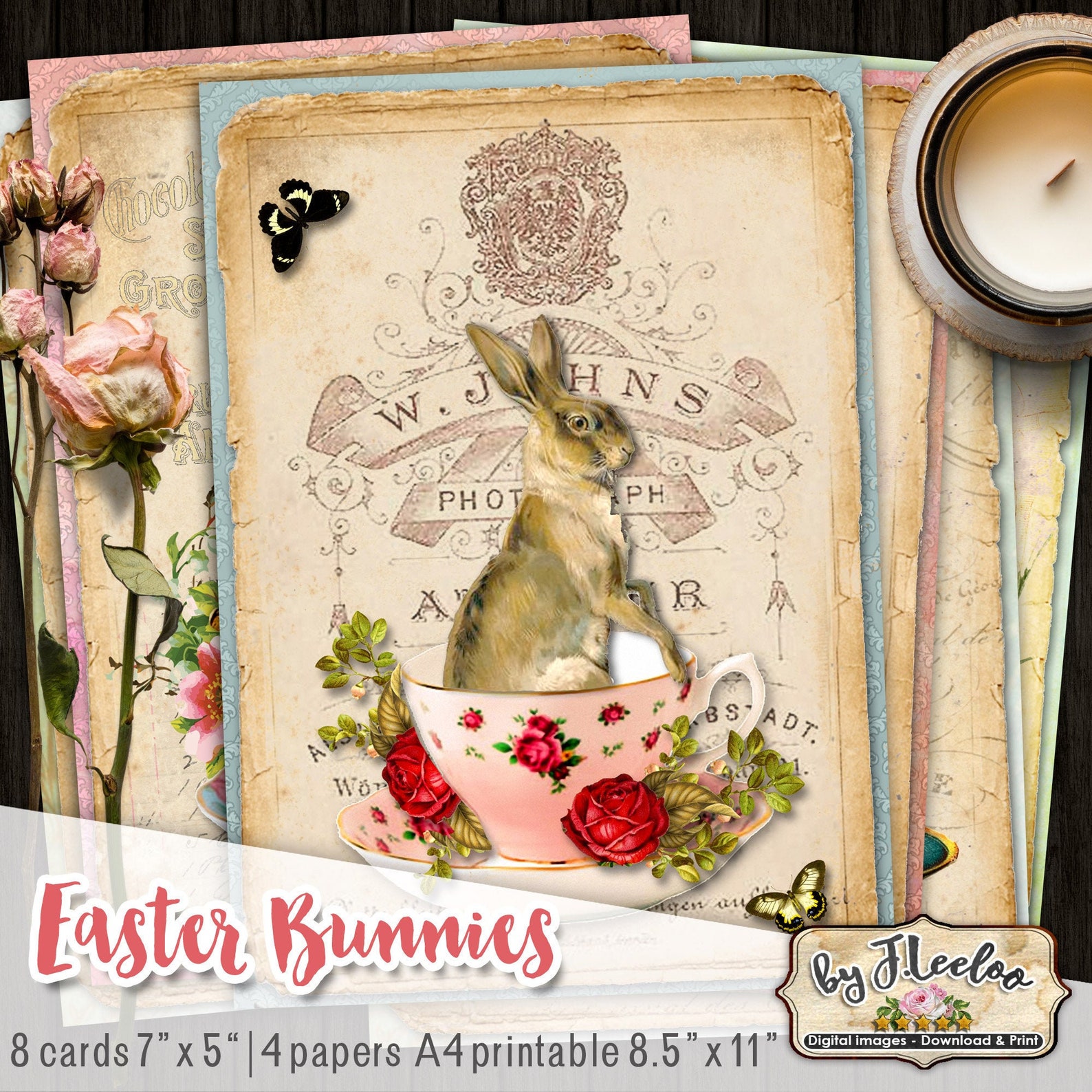 EASTER BUNNIES Printable Rabbit Postcards 5x7 Inch Digital Sheet ...