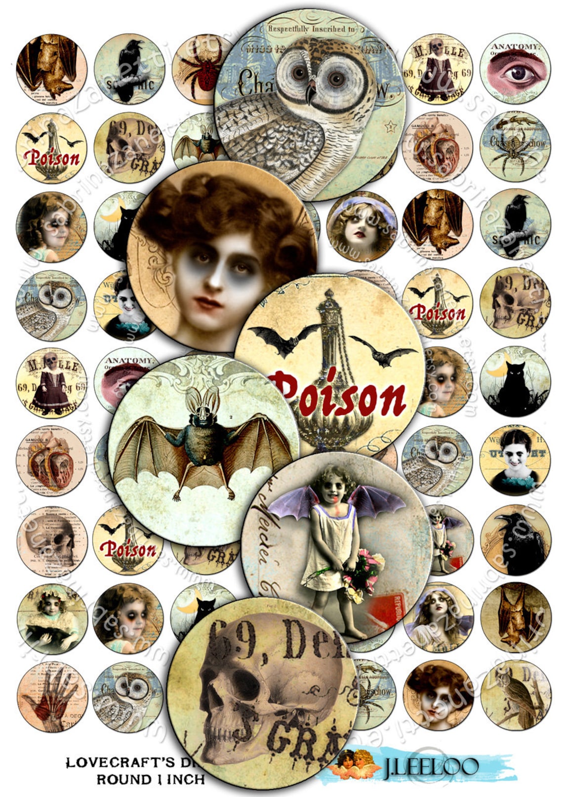 Digital Collage Sheet LOVECRAFT DREAM 1 Inch Circle for Spooky ...