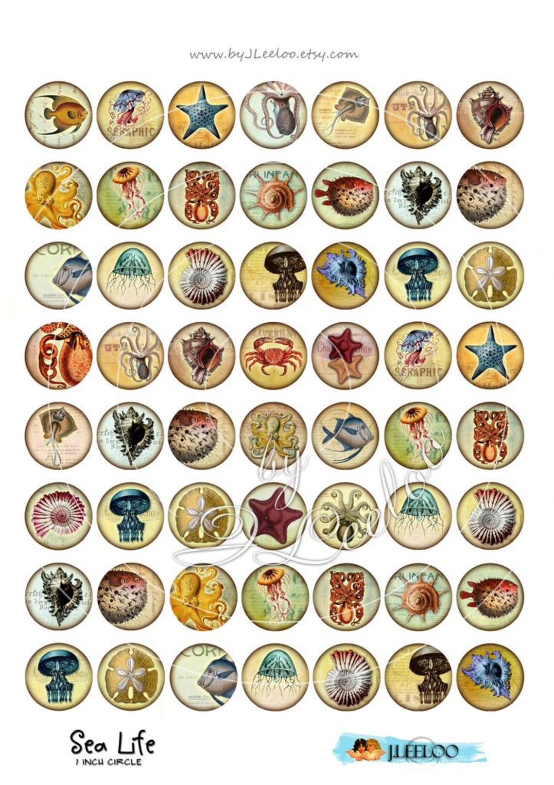 Digital paper SEA LIFE 1 inch circle octopus jellyfish fish | Etsy