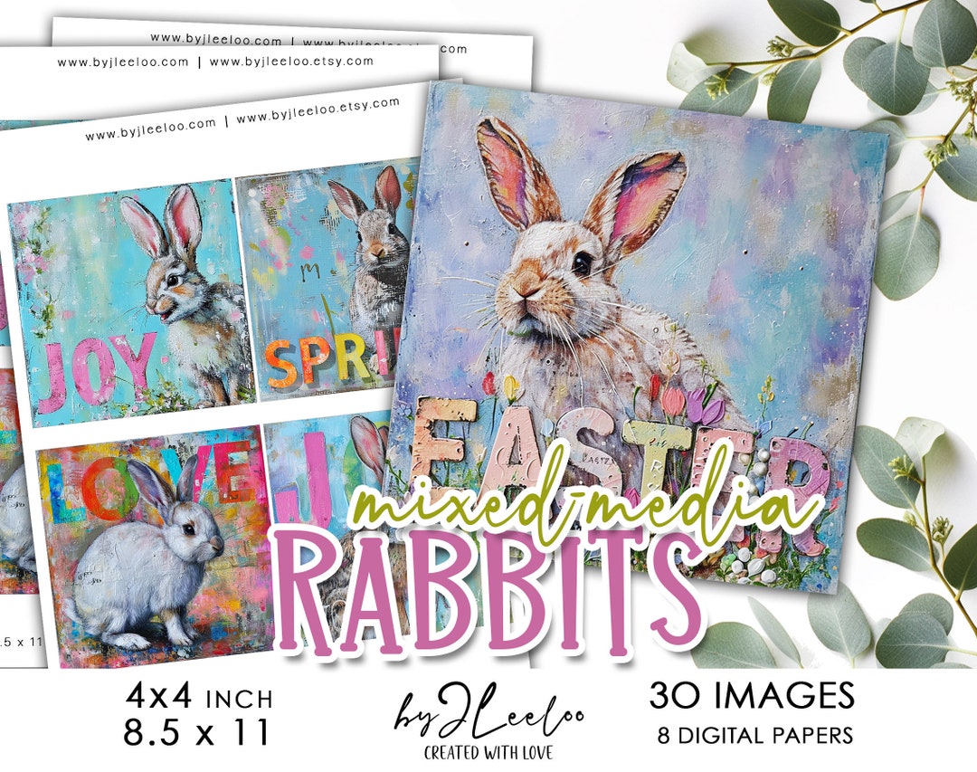 MIXED-MEDIA RABBITS 4x4 Inch Printable Background Ephemera Printable ...