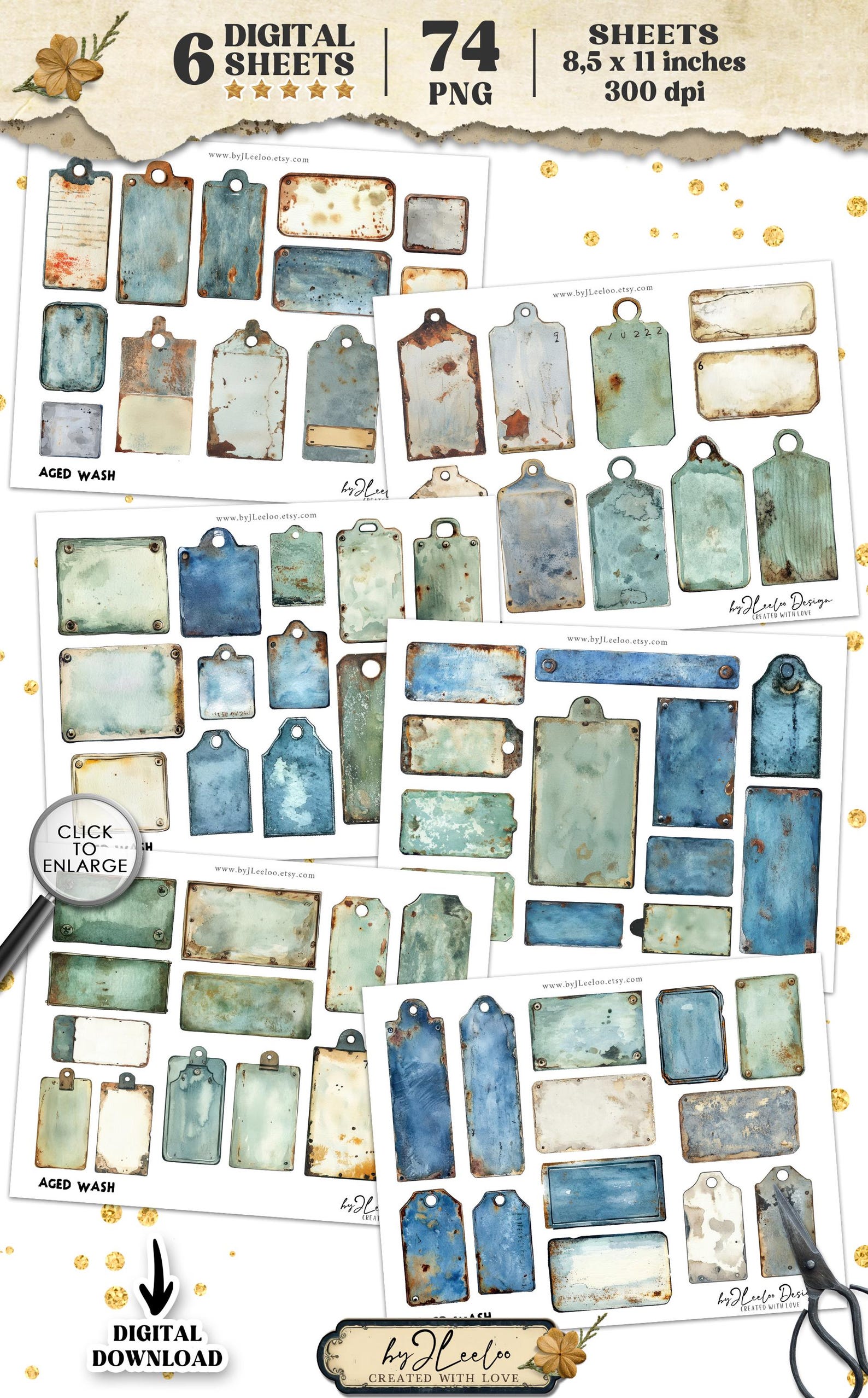 AGED WASH 74 Labels and Tags Printable | PNG Jpg Old Grungy Watercolor ...