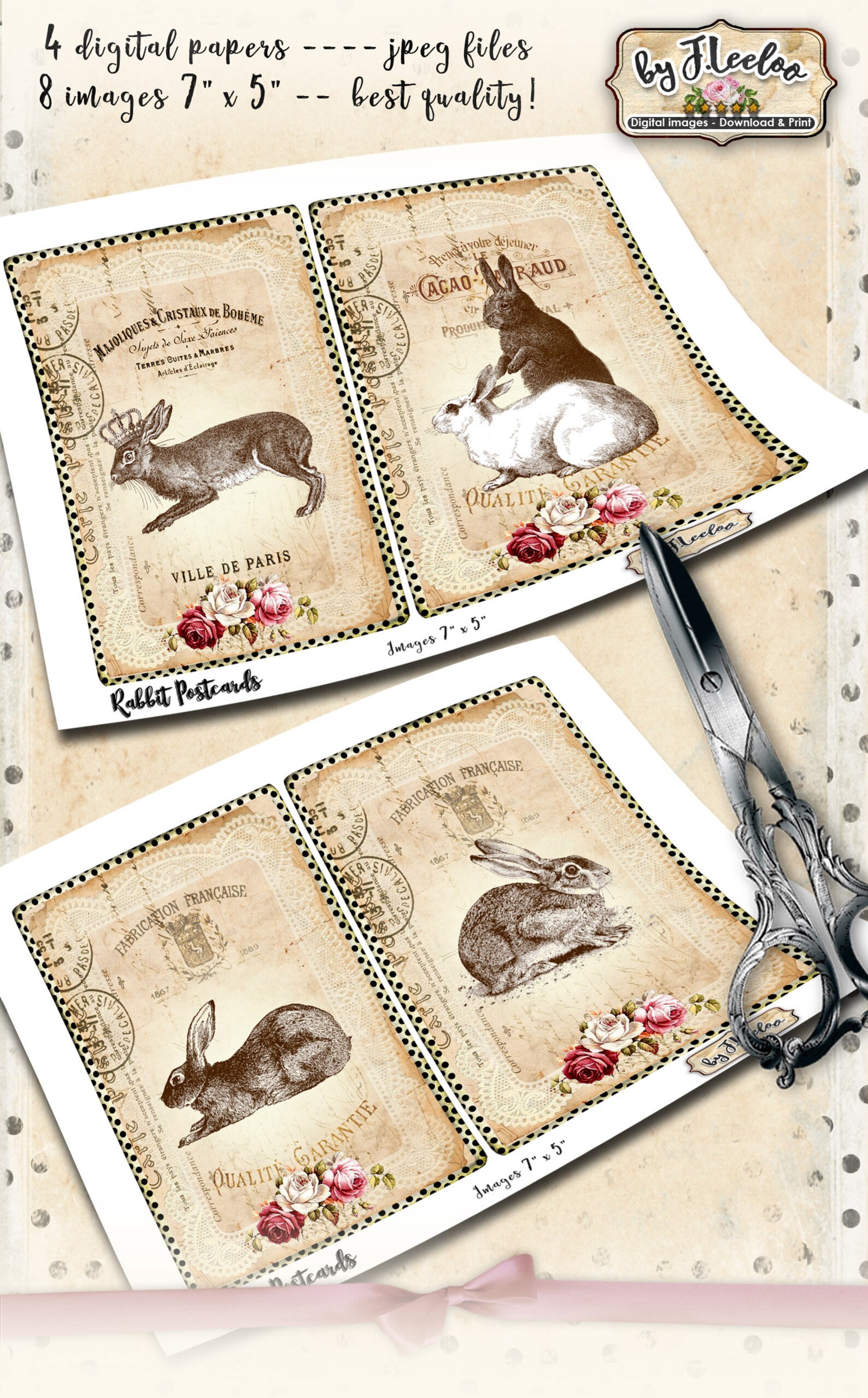 RABBIT POSTCARD Printable Easter Bunny 5x7 Inch Digital Sheet Ephemera ...