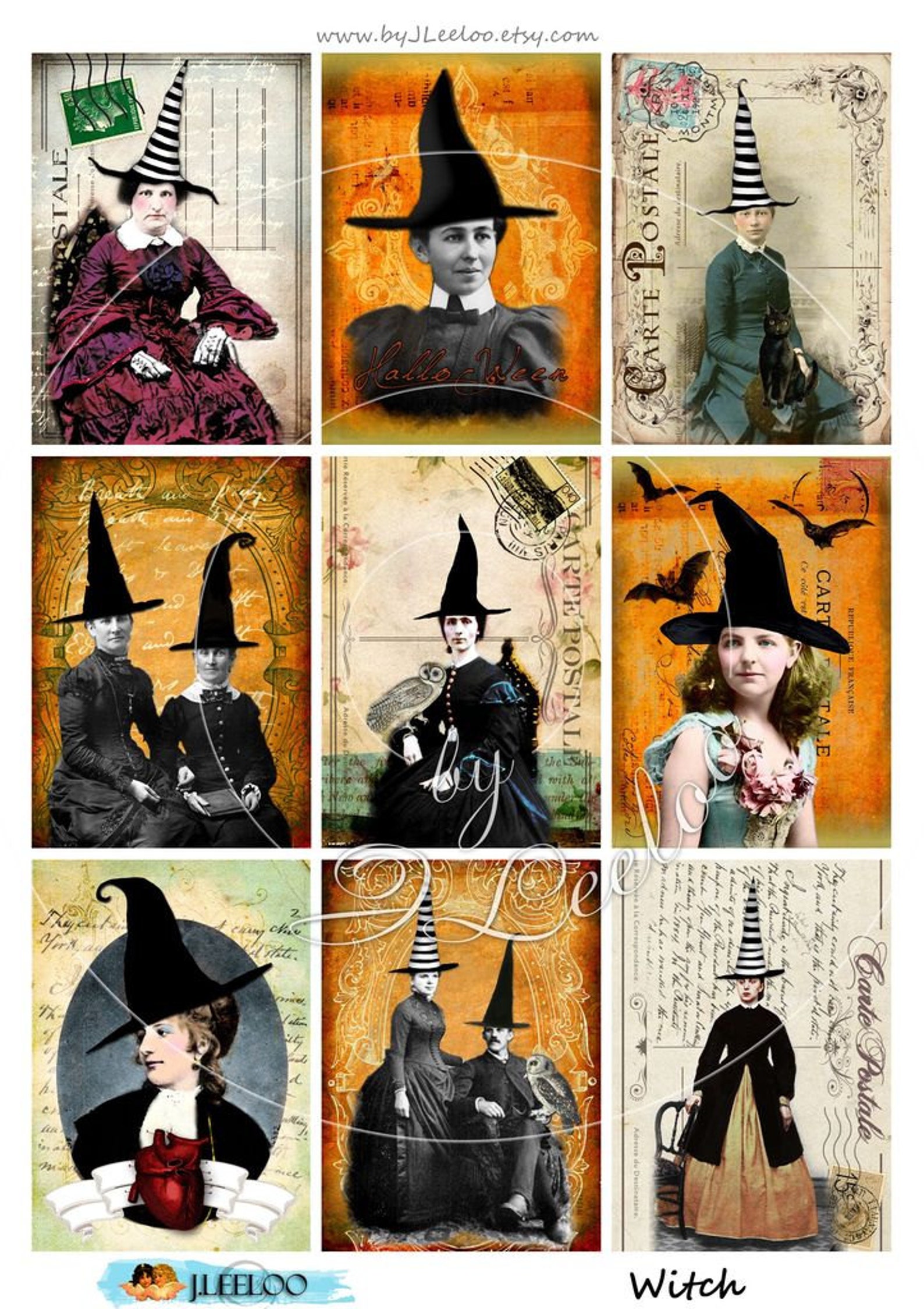 WITCH Printable Aceo Size Digital Collage Sheet Black Cat Crow ...