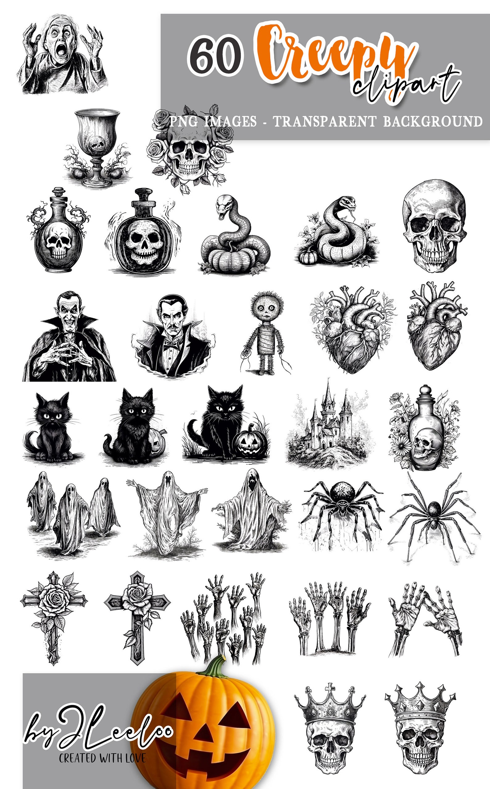 CREEPY CLIPART Set 3 | Printable Gothic Designs for Halloween Party ...