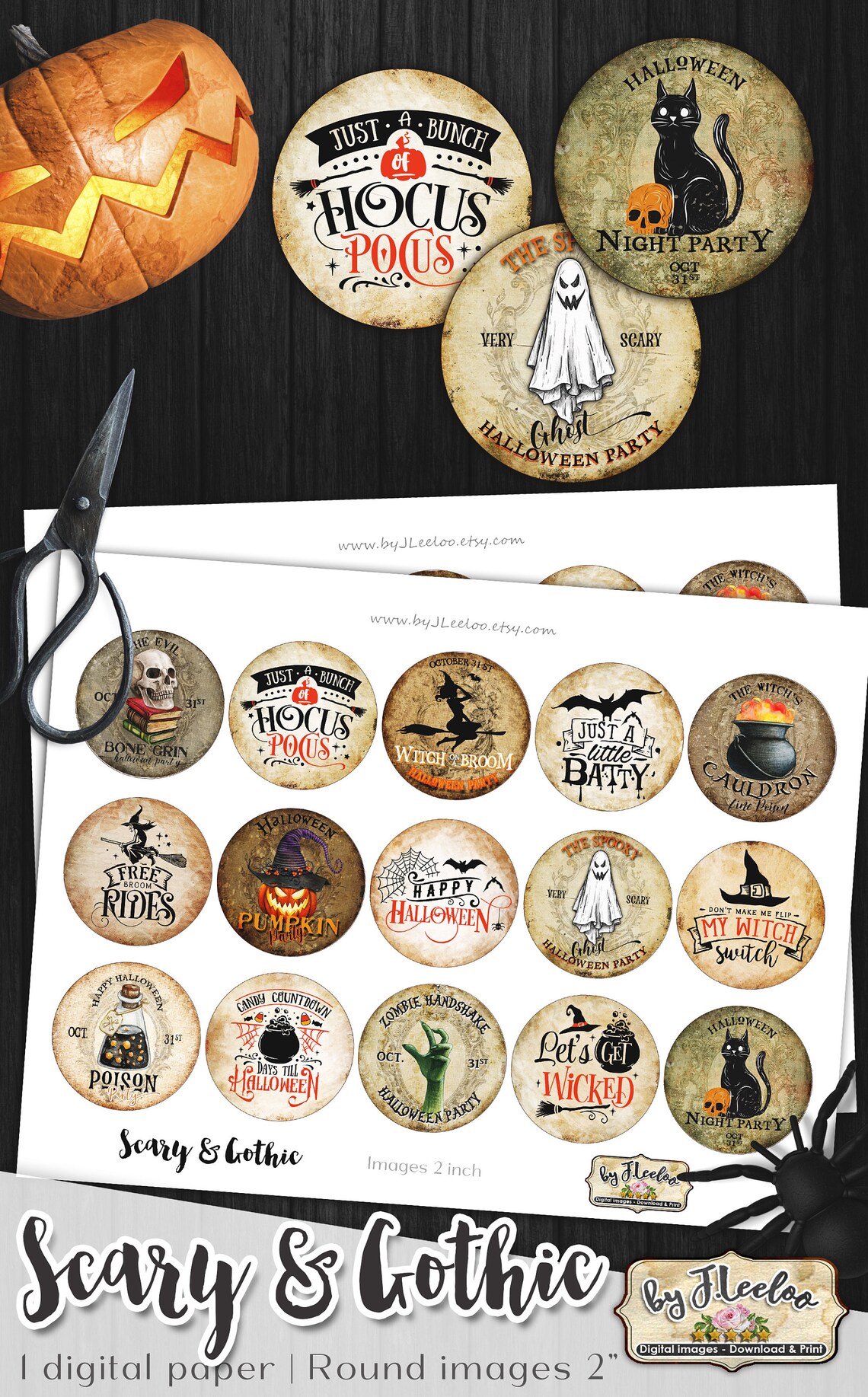 SCARY & GOTHIC 2 Inch Digital Halloween Printable Vintage - Etsy