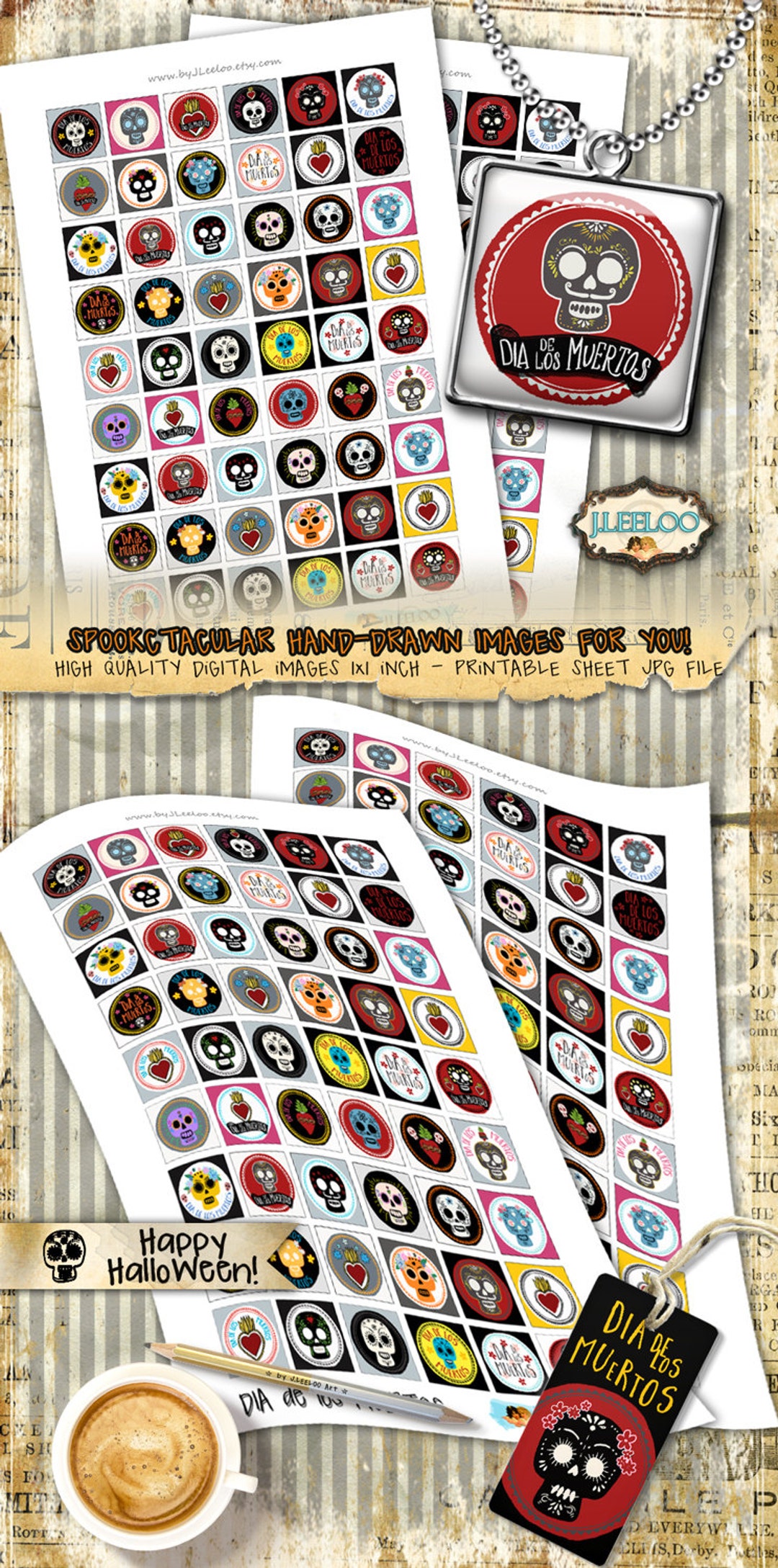 DIA De LOS MUERTOS 1X1 Inch Scary Halloween Pendants Magnet Bezel Trays ...