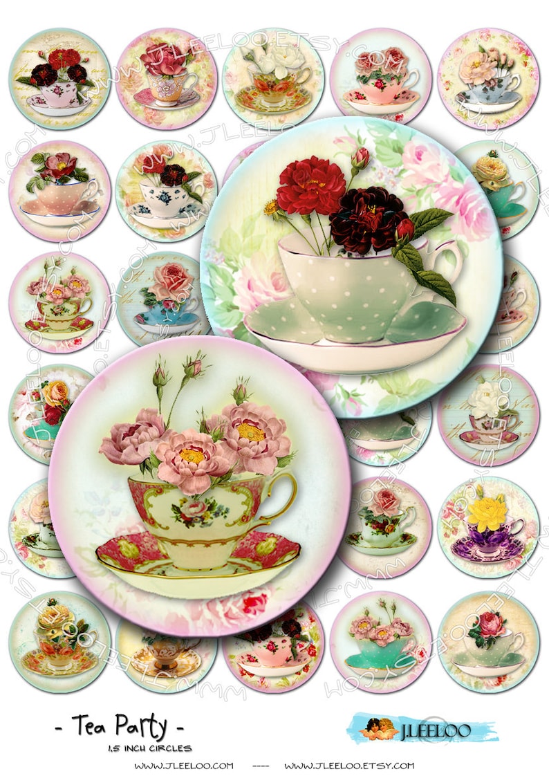Digital Collage TEA PARTY 1.5 Inch Circle Drink Tea Cup Rose Romantic ...