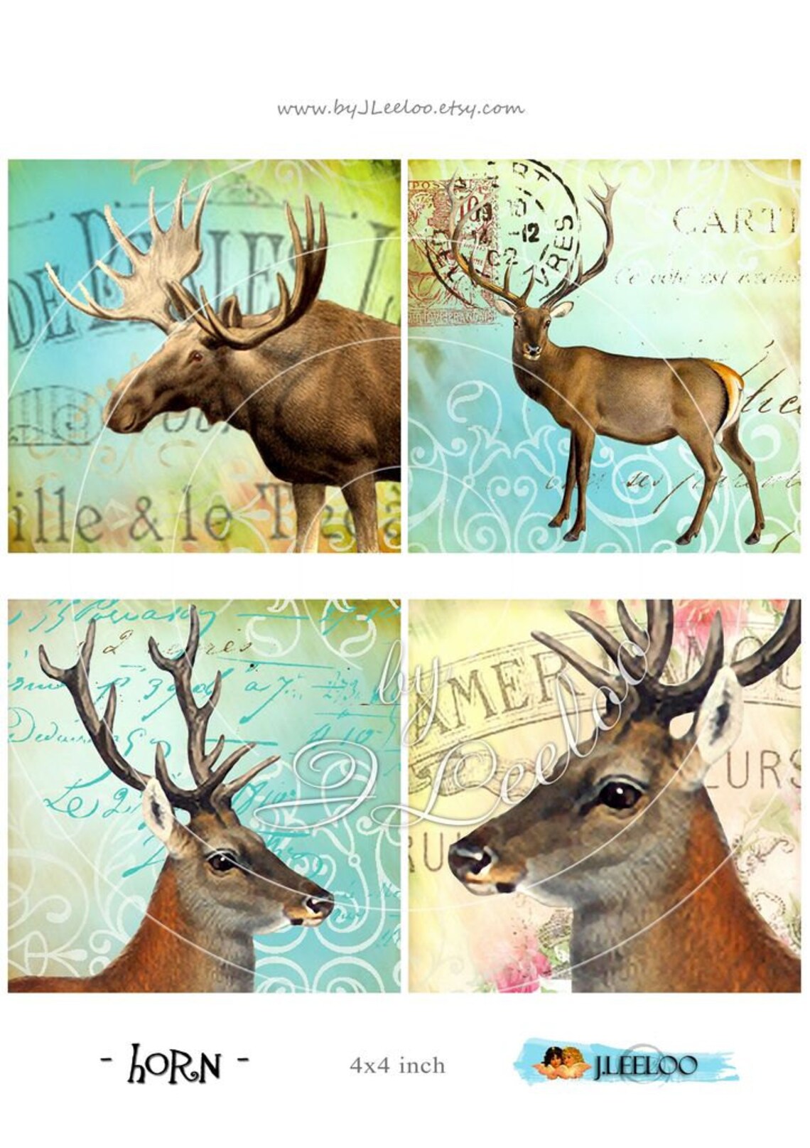 Digital Collage HORNS 4x4 Inch Square Mammals Rose Deer Coaster Flower ...