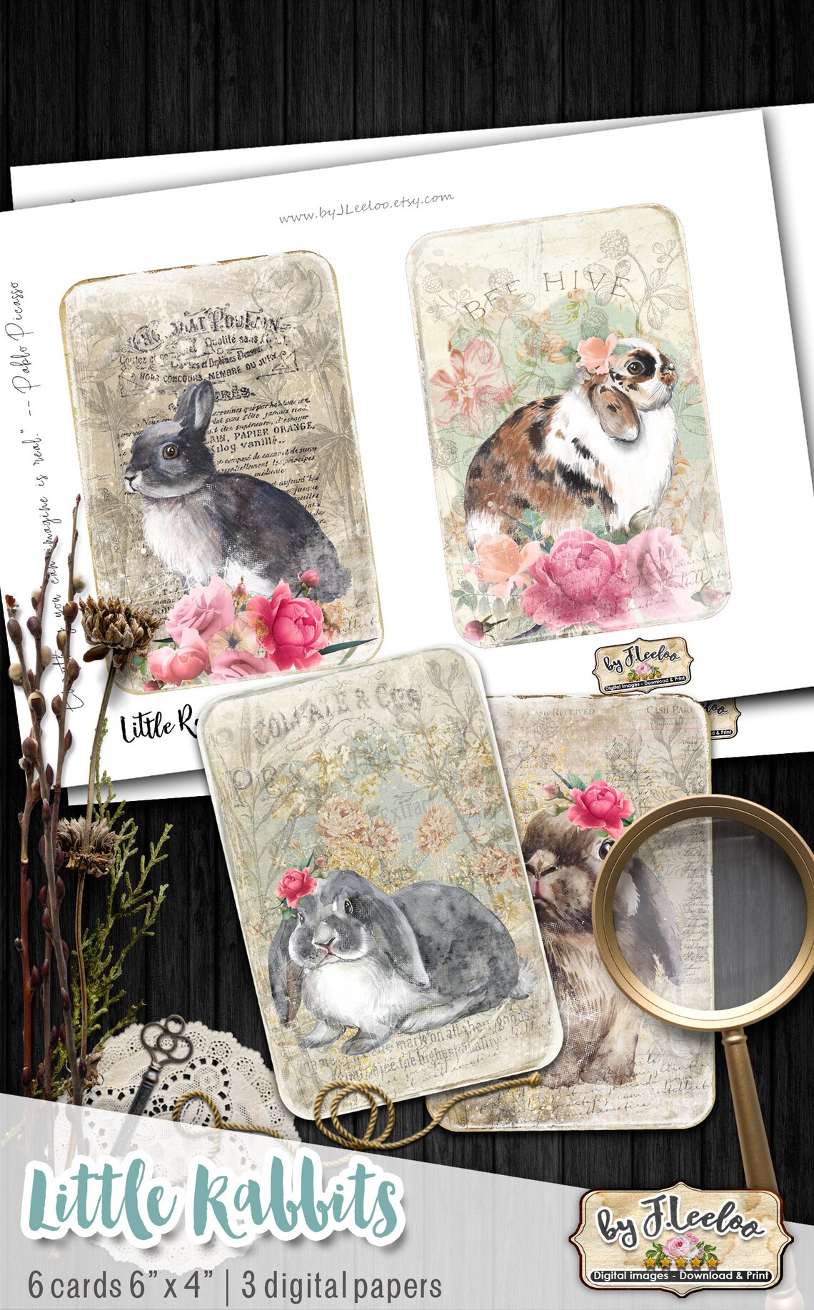 LITTLE RABBITS Printable Bunnies Cards 6 X 4 Inch Digital Sheet ...