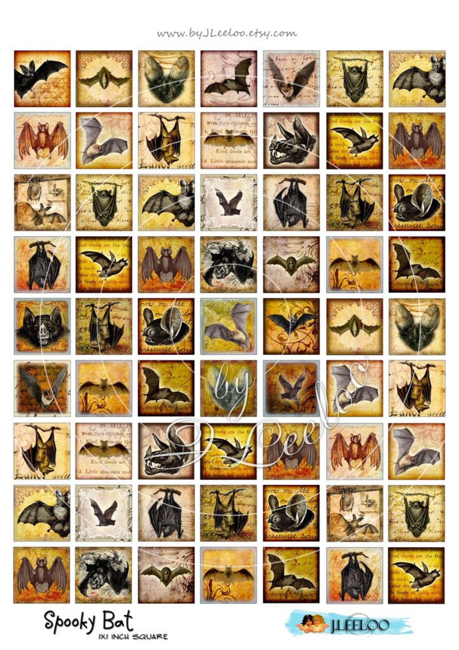 Digital Collage Sheet SPOOKY BAT 1 Inch Square for Goth Scary Halloween ...