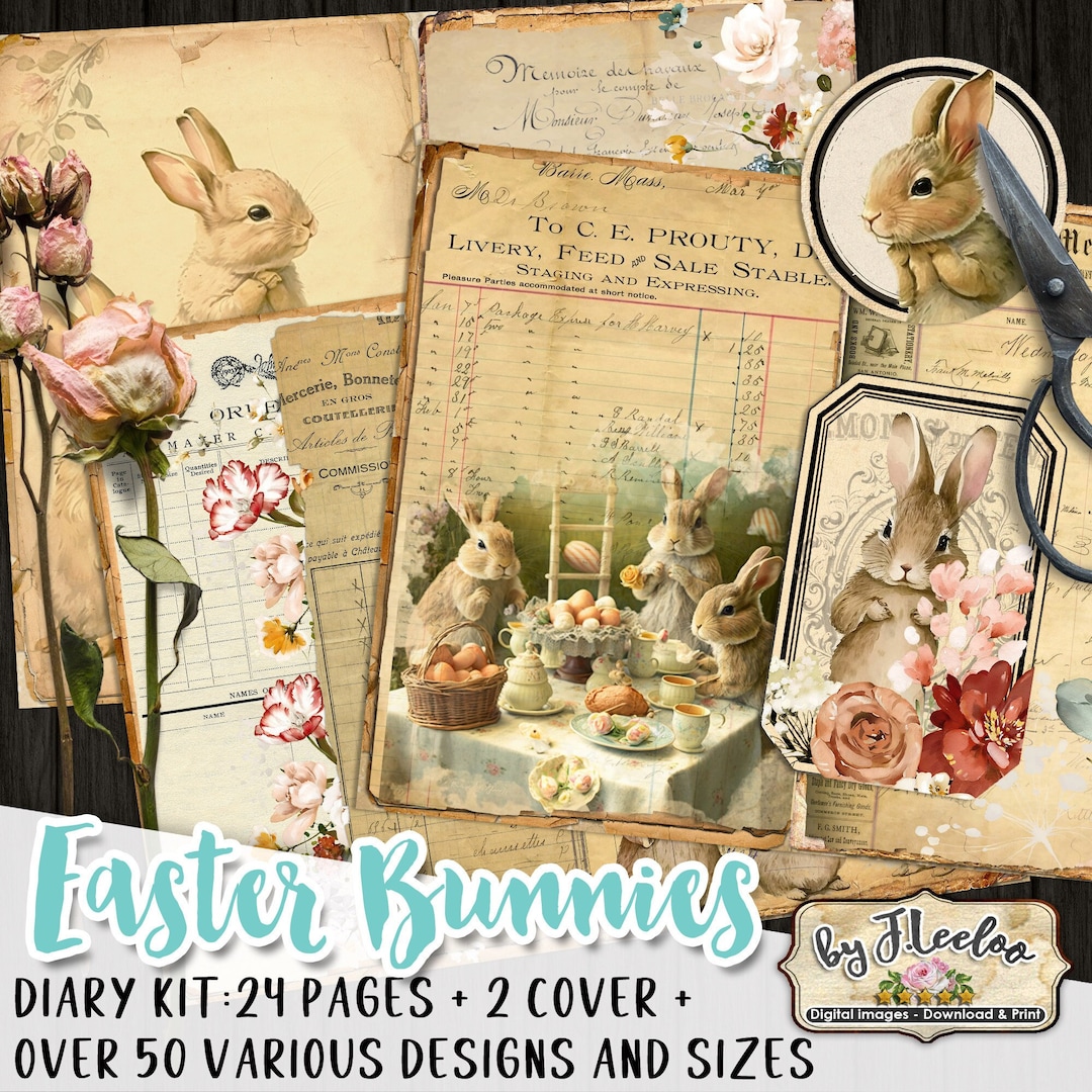 EASTER BUNNIES Shabby Journal Kit Cute Beatrix Potter Style Digital ...