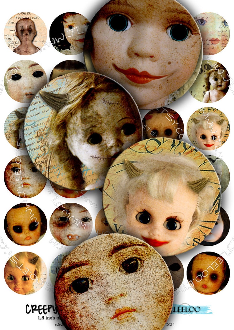Digital Paper CREEPY DOLL 1.5 Inch Circle Scary Horror Halloween ...