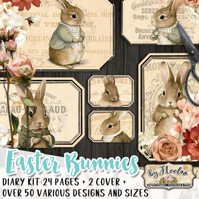 EASTER BUNNIES Shabby Journal Kit Cute Beatrix Potter Style Digital ...