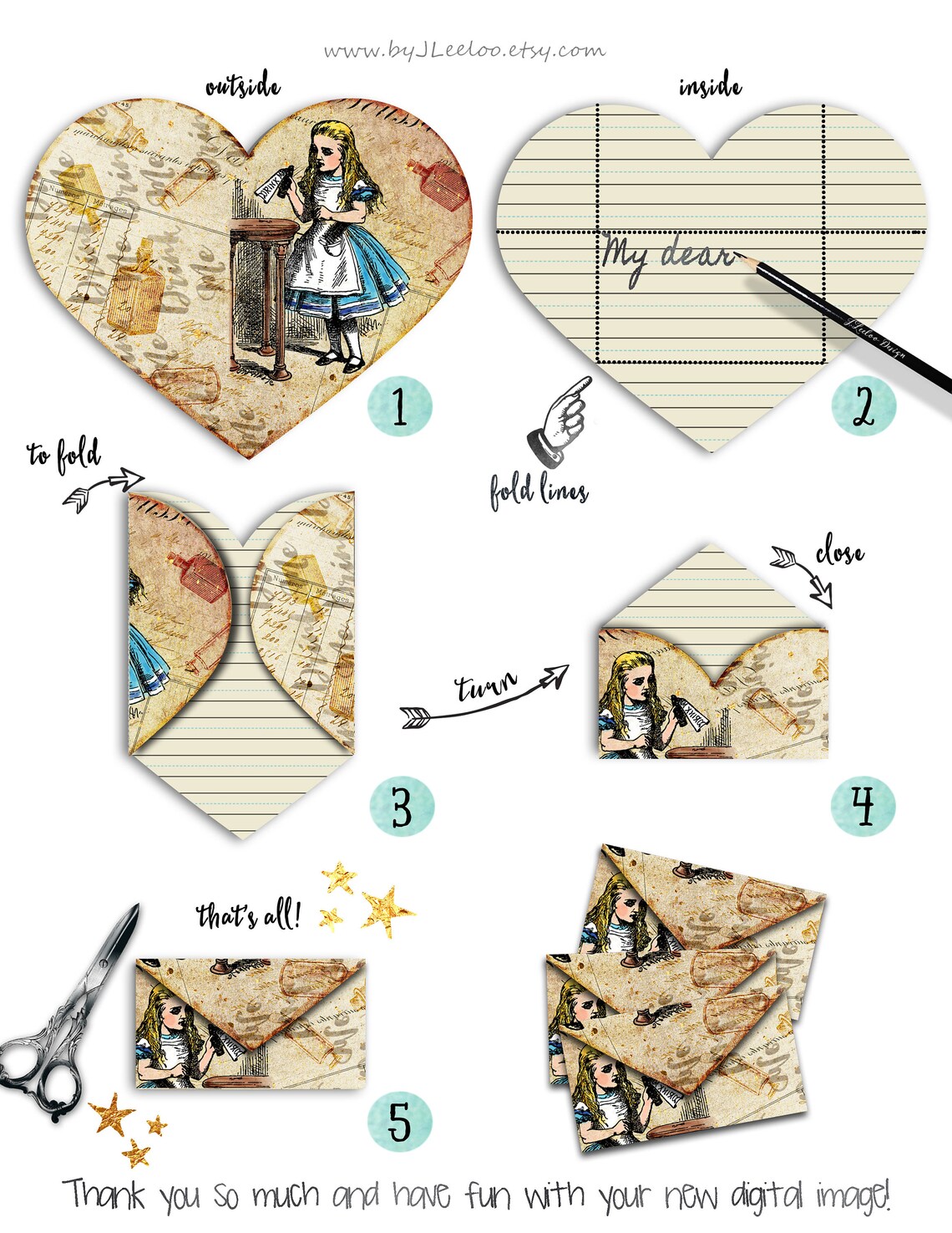 ALICE WONDERLAND Envelopes Heart Cards Gift Digital Collage Sheet ...