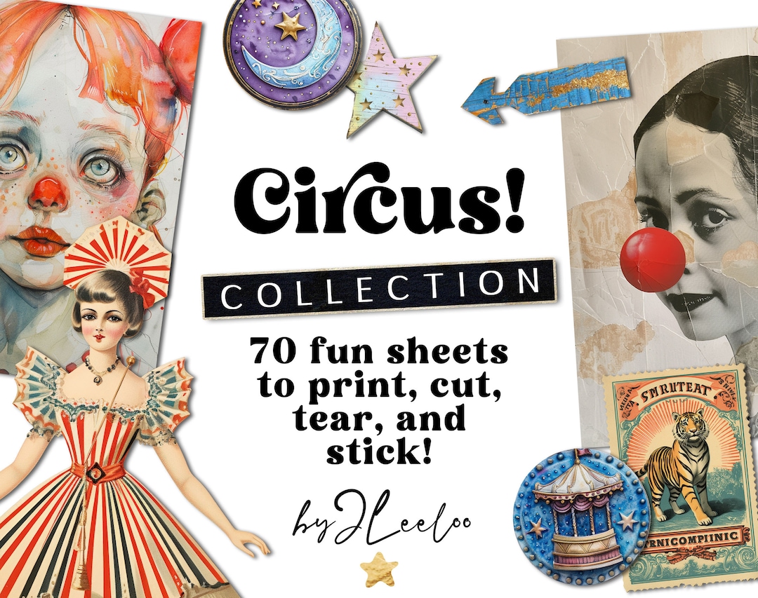CIRCUS 70 Digital Papers Printable | Large Collection for Mixed Media ...