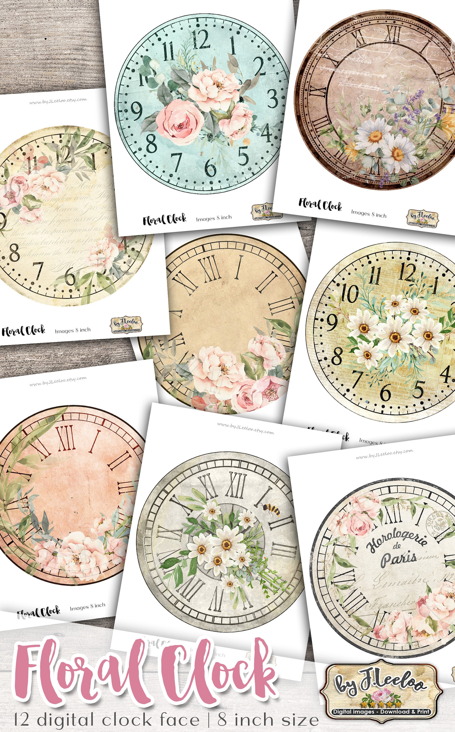 FLORAL CLOCK 8 Inch Circle Printable Clock Face Jpeg Clipart - Etsy