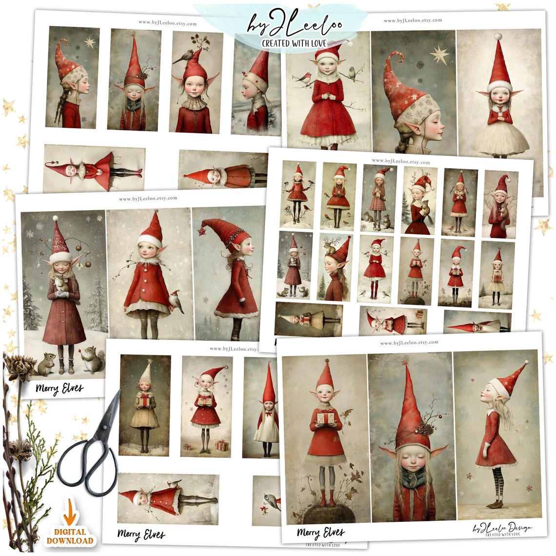 MERRY ELVES 30 Images 3 Sizes Christmas Cards | Junk Journal Printable ...