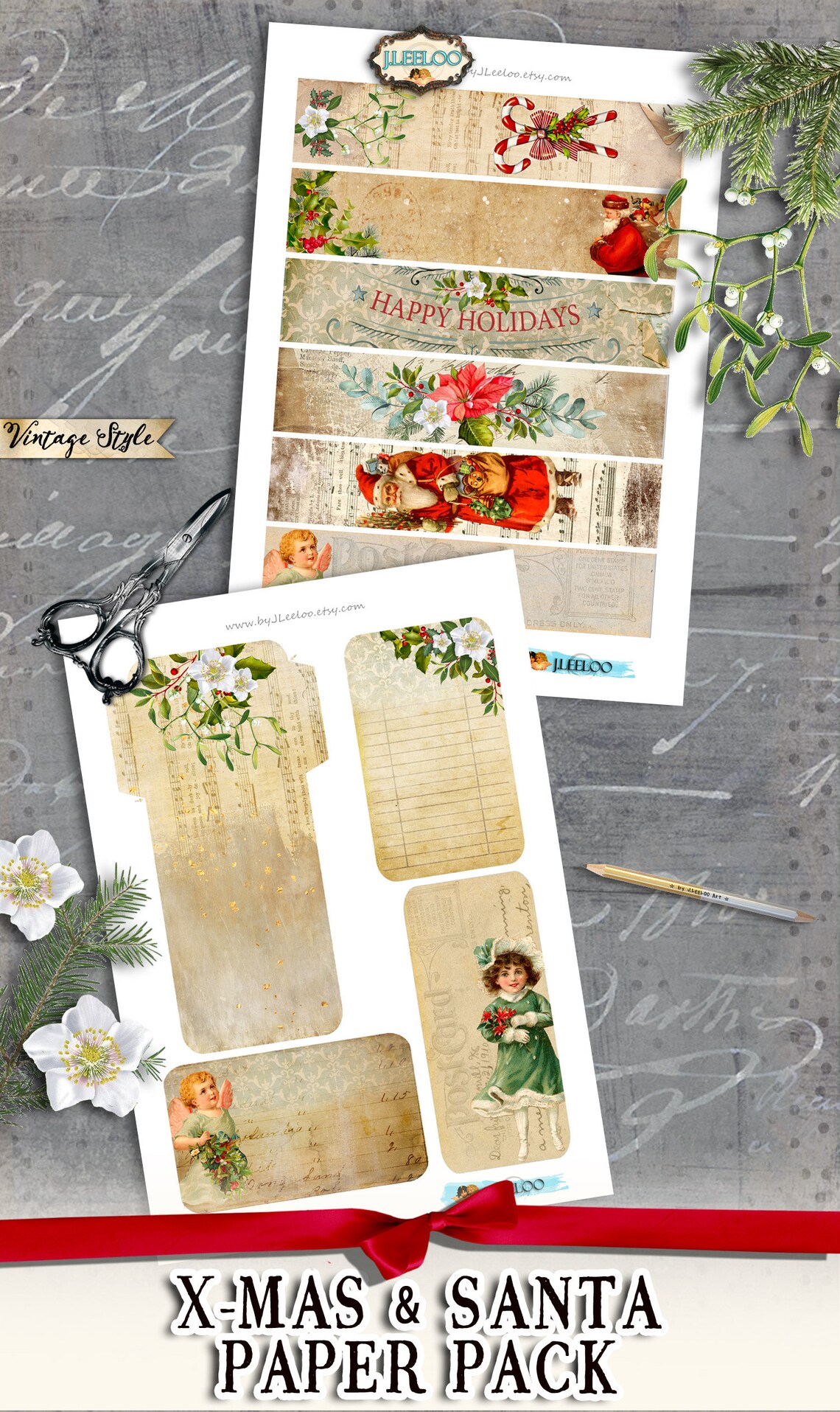 X-MAS SANTA Paper Pack Vintage Holidays Digital Collage Sheet Ephemera ...