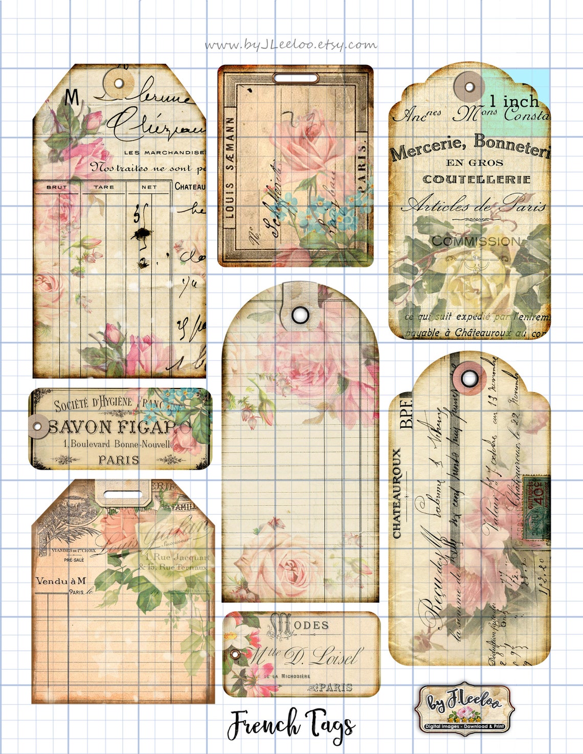FRENCH TAGS Digital Shabby Chic Jewelry Holder Roses French Paper Goods ...