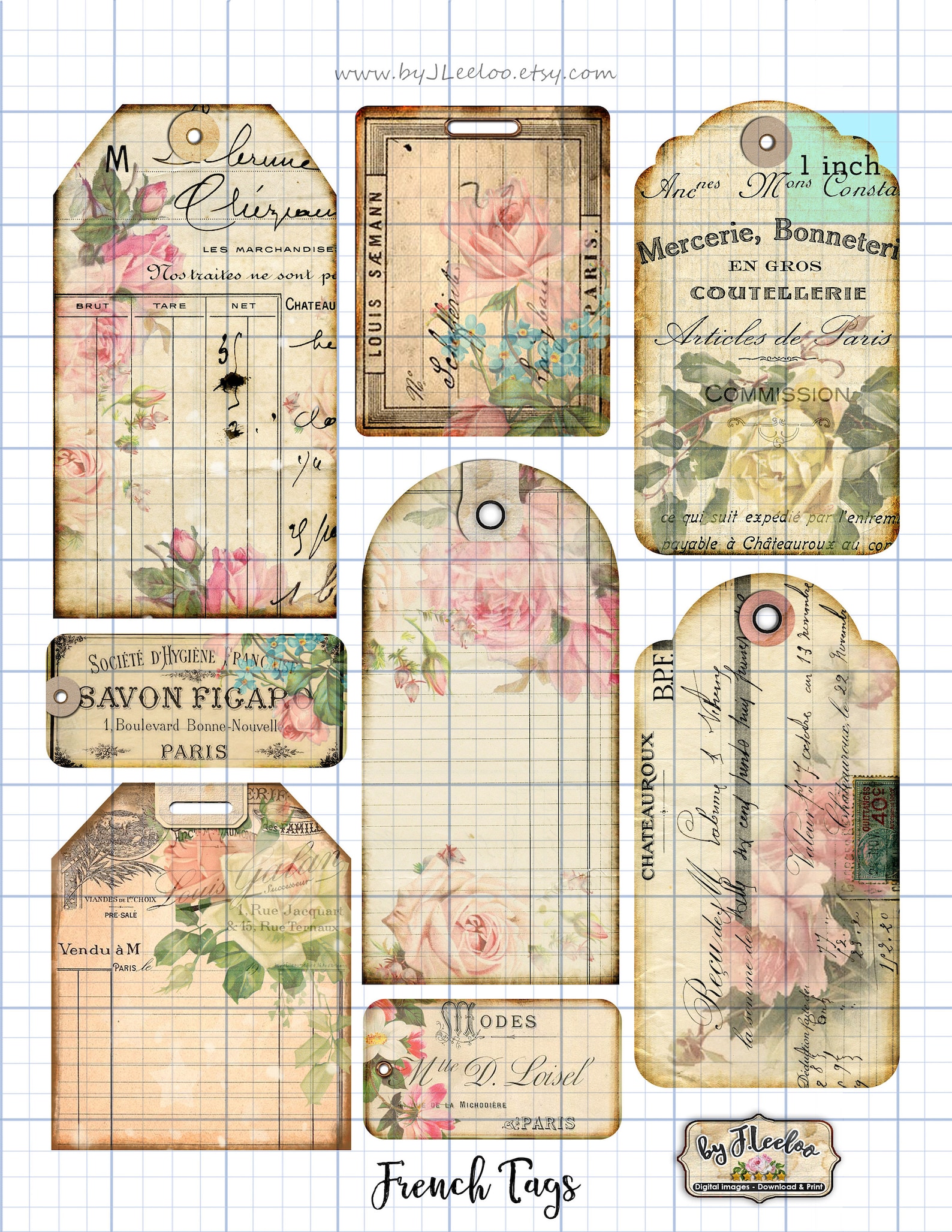 FRENCH TAGS Digital Shabby Chic Jewelry Holder Roses French - Etsy