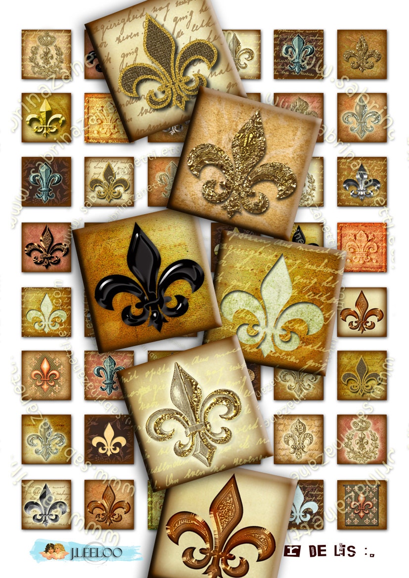 Digital collage FLEUR DE LIS 1x1 inch square france paris | Etsy