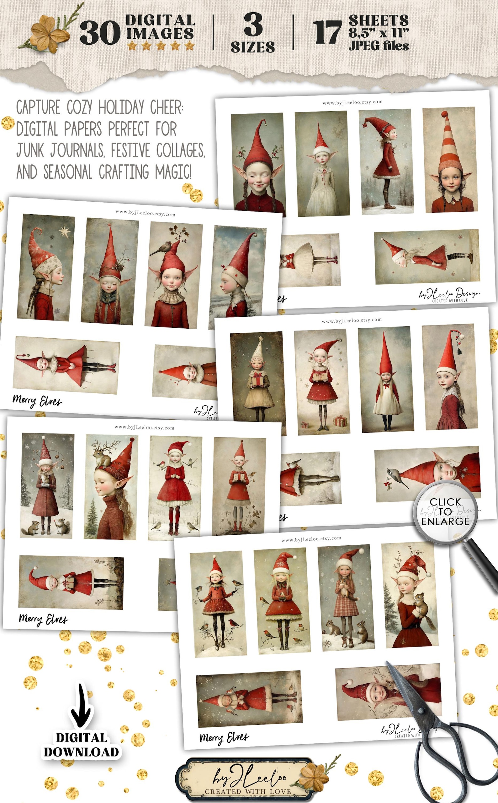 MERRY ELVES 30 Images 3 Sizes Christmas Cards | Junk Journal Printable ...