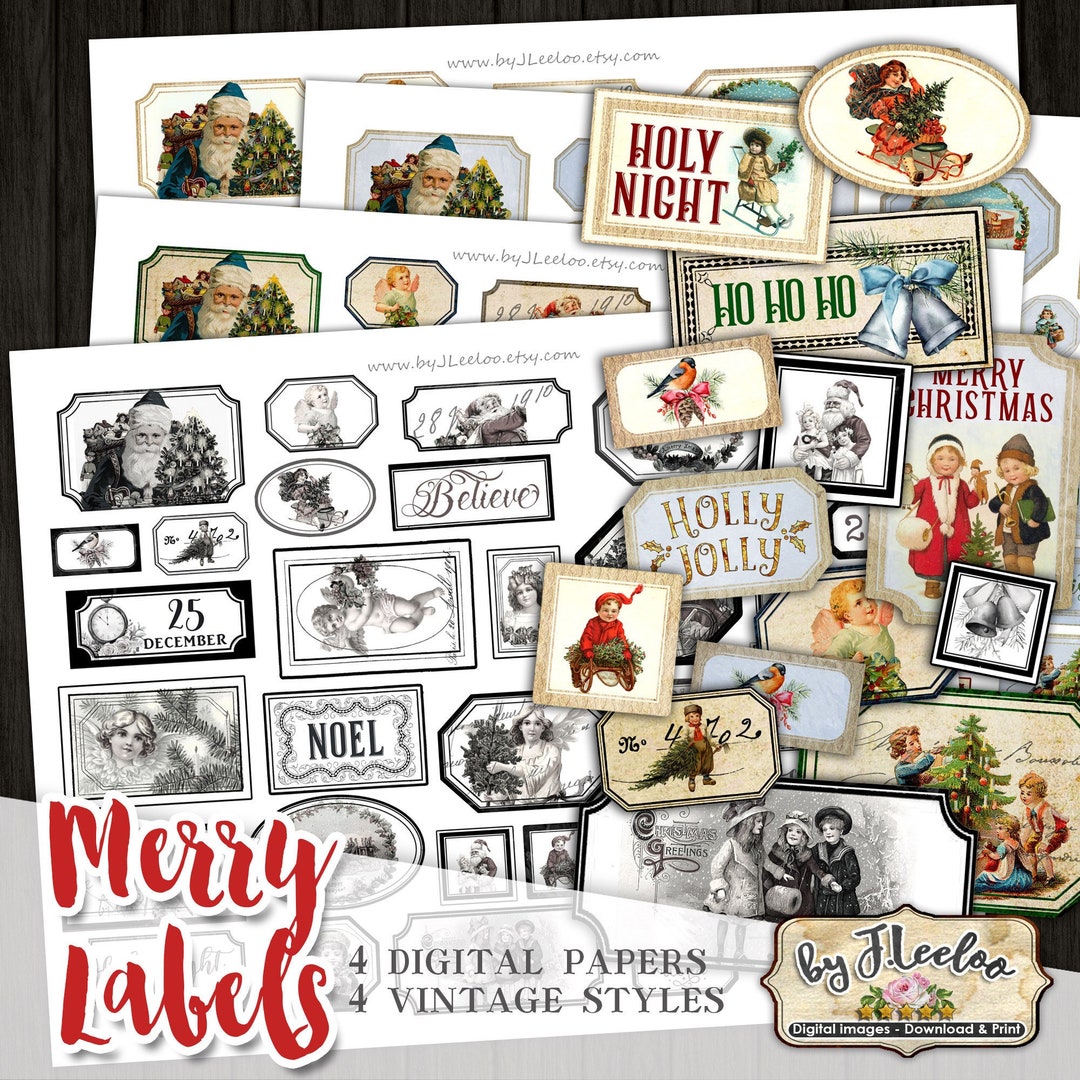MERRY LABELS Christmas Kit Printable Vintage Ephemera Junk Journal ...