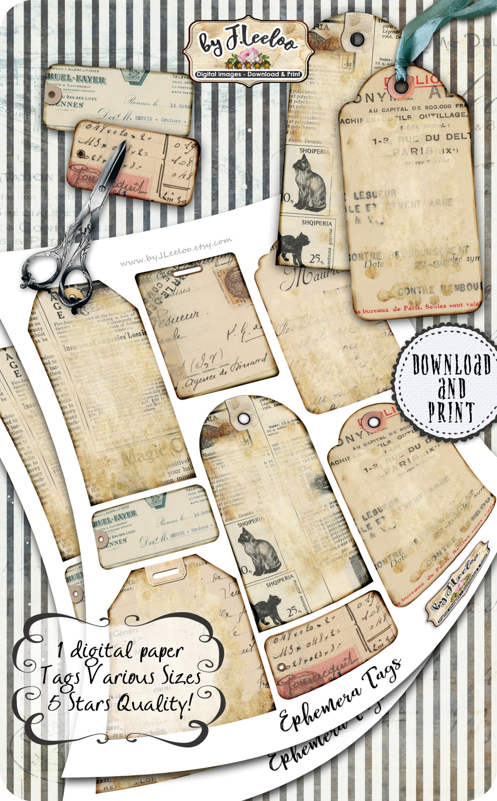 EPHEMERA TAGS Vintage Script Diary Distressed Jewelry Holder Paper ...