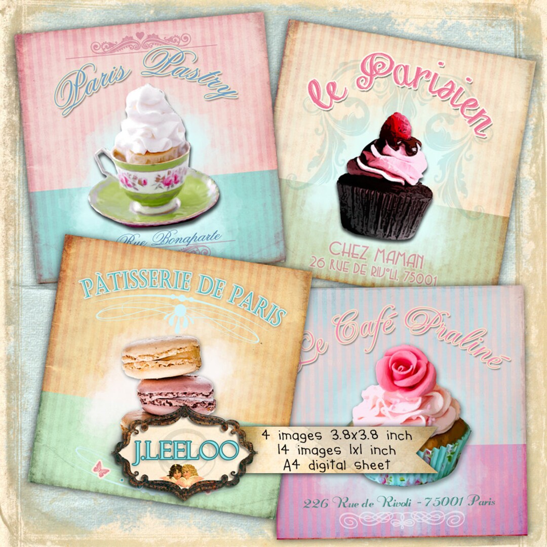 Digital Collage Sheet PARIS PASTRY Macarons Digital Graphic Coaster ...