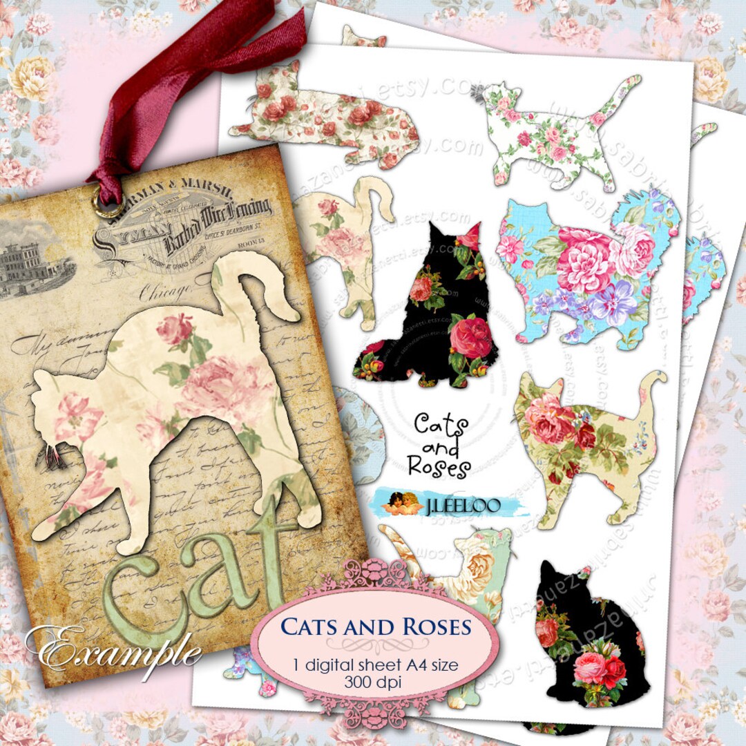 CATS AND ROSES Png File Digital Collage Sheet Large Digital Papers ...