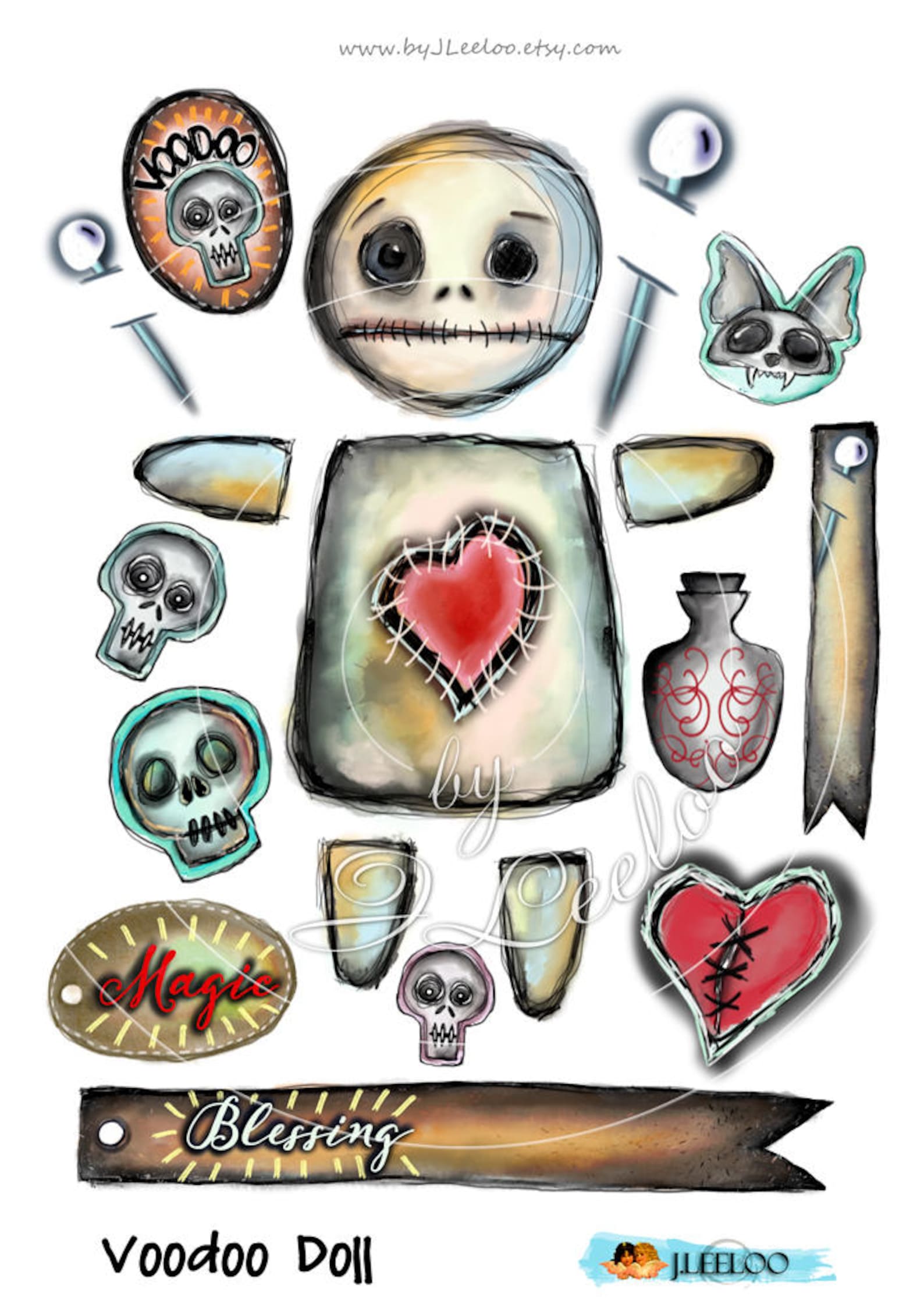 VOODOO PAPER DOLLS Altered Art Printable Hand-drawn Blessing Digital ...