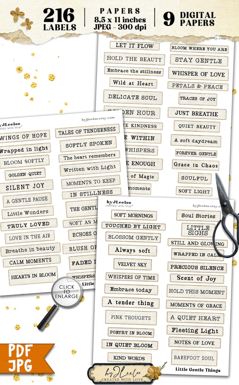 LITTLE GENTLE THINGS Text Labels | Vintage Phrases Words Ephemera for ...