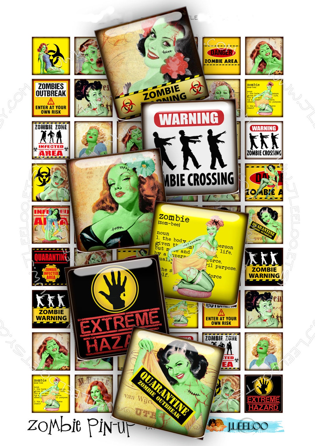Digital Collage Sheets ZOMBIE PIN UP 1x1 Inch Squares Hang Tags Magnet ...