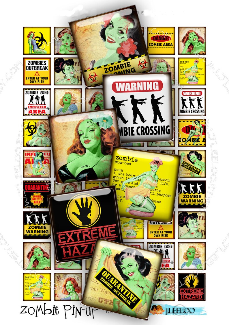 Digital Collage Sheets ZOMBIE PIN UP 1x1 Inch Squares Hang Tags Magnet ...
