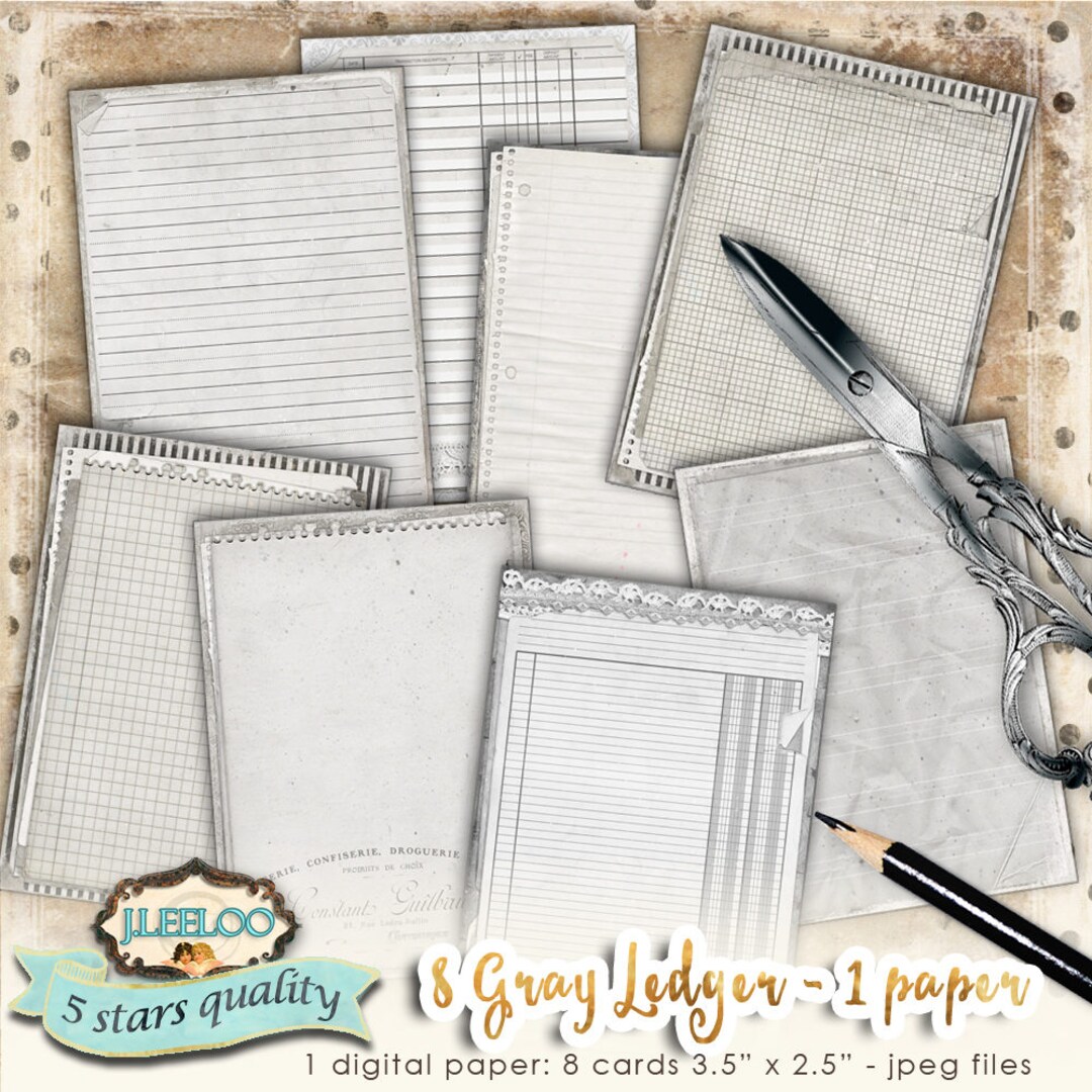 GRAY LEDGER Journal Cards Tags Printable Crafting Digital Collage Sheet ...
