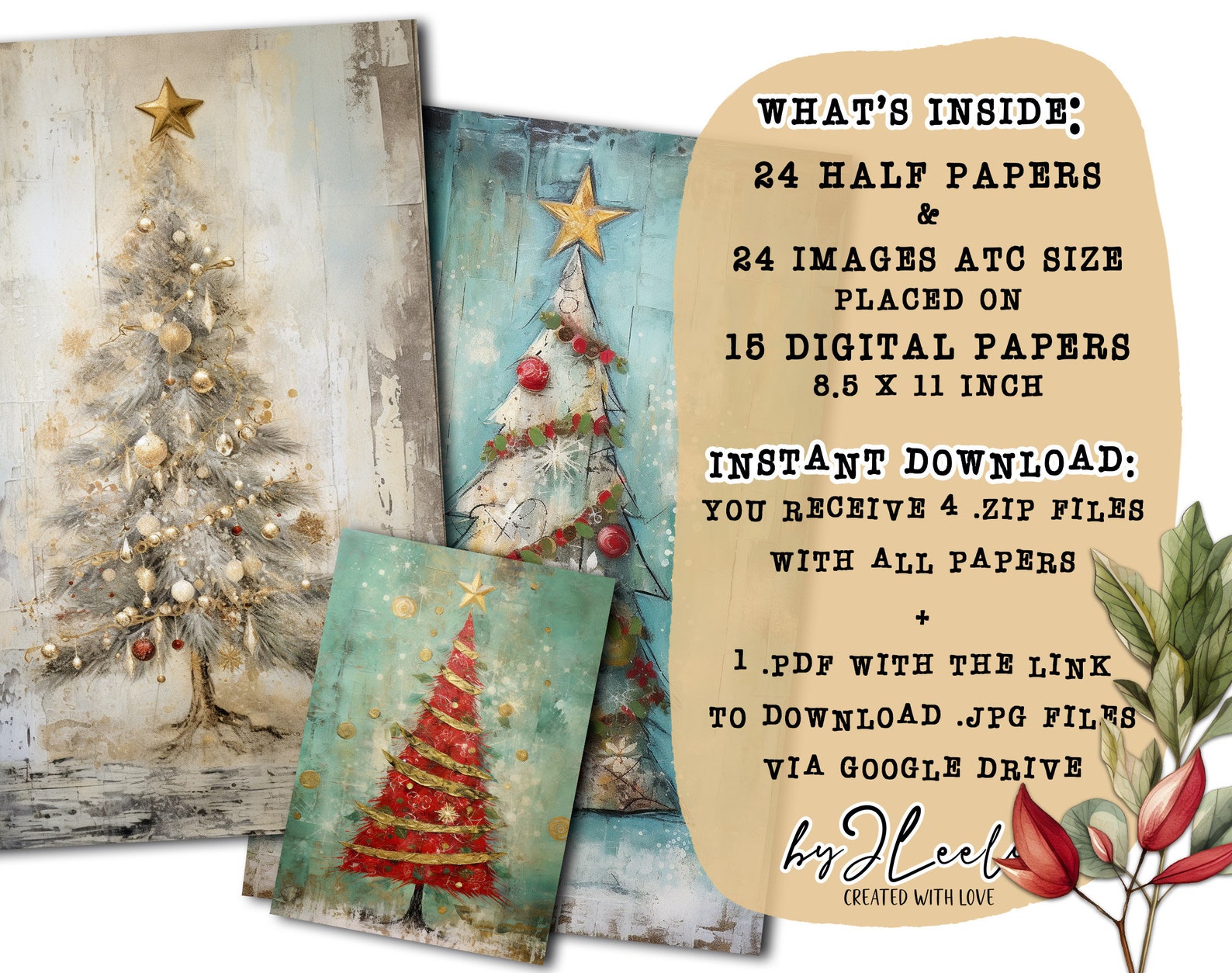 FANCIFUL TREES Christmas Half Pages Printable for Junk Journal Mixed ...