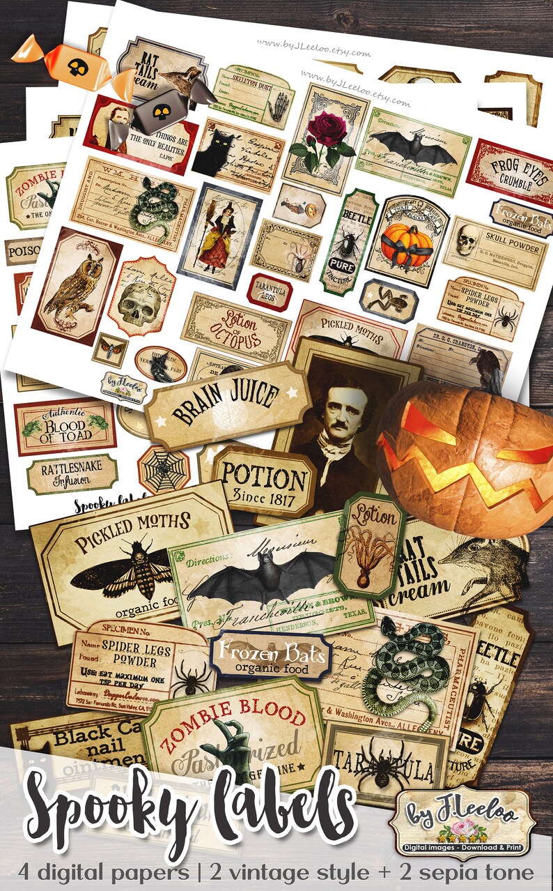 SPOOKY LABELS Vintage Kit Apothecary Witch Halloween Bottle Junk ...