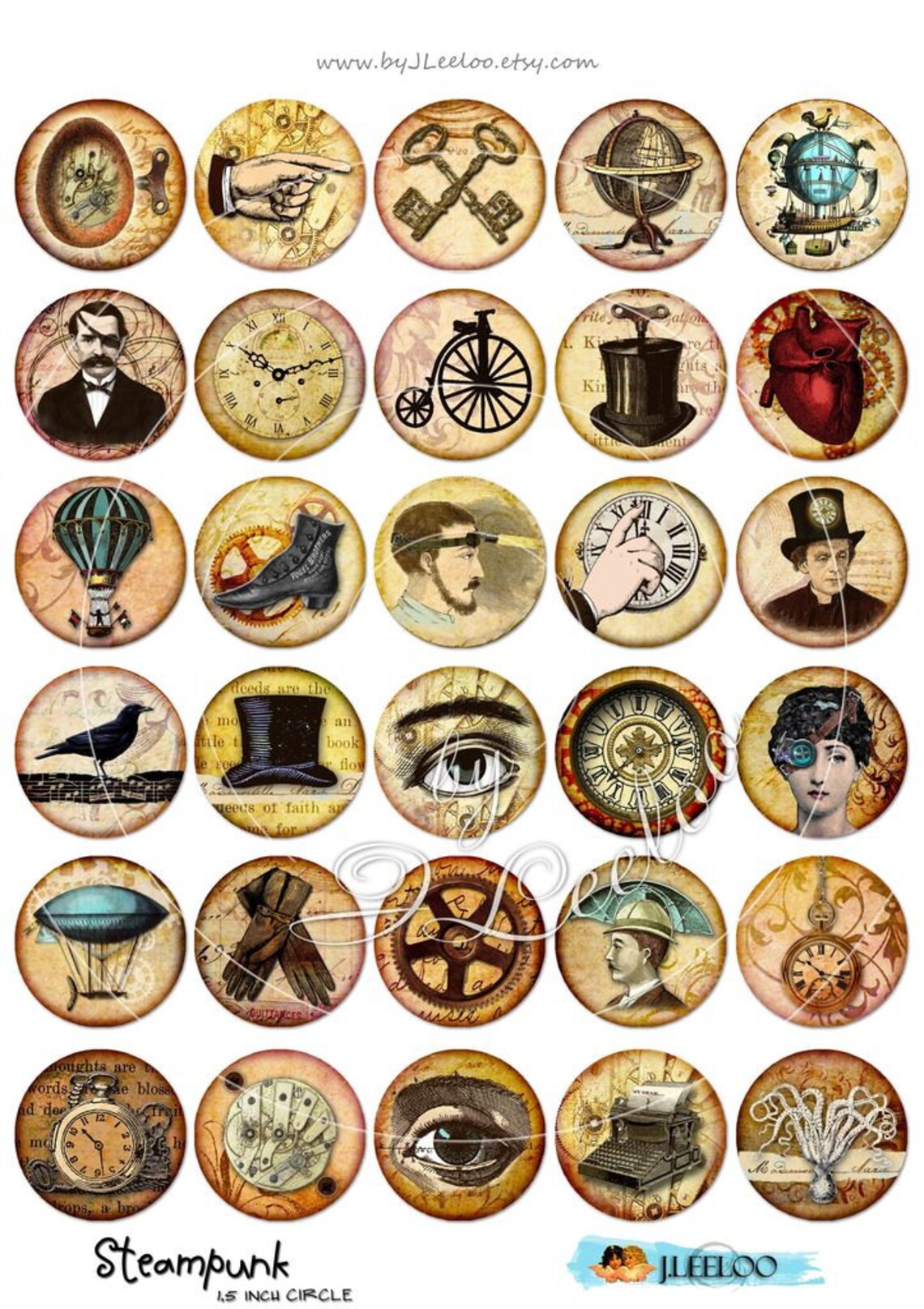 Digital Collage Sheet STEAMPUNK Images 1.5 Inch Circle for Pendants ...