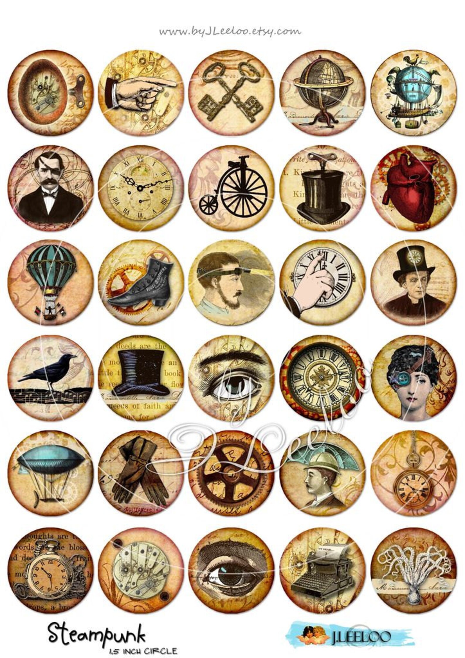 Digital Collage Sheet STEAMPUNK Images 1.5 Inch Circle for | Etsy