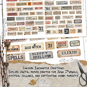 CREEPY TICKETS Printable Scary Halloween | Word Labels Vintage Stickers ...