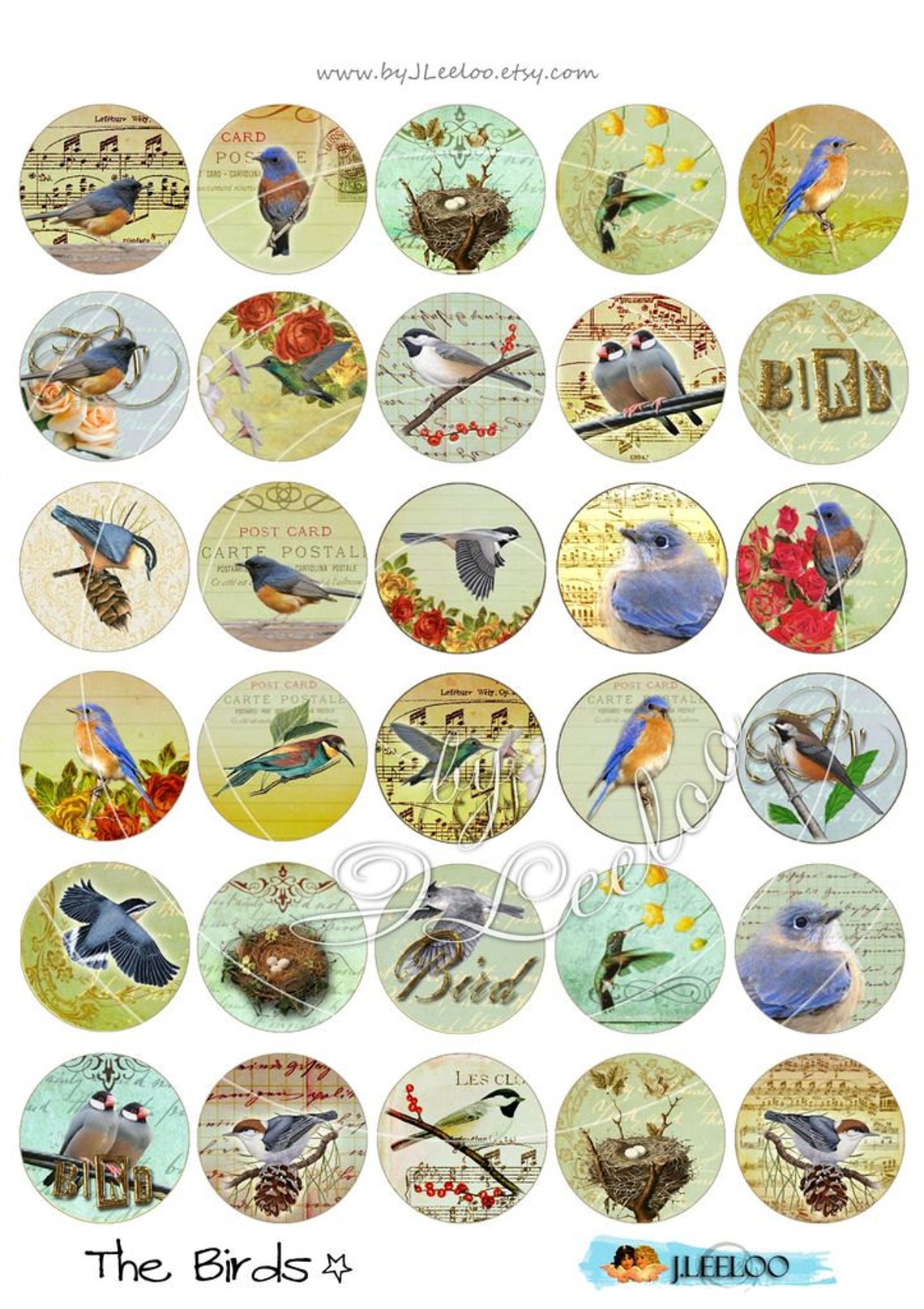 Digital Printable THE BIRDS 1.5 Inch Circle Sheets Nest Eggs Vintage ...